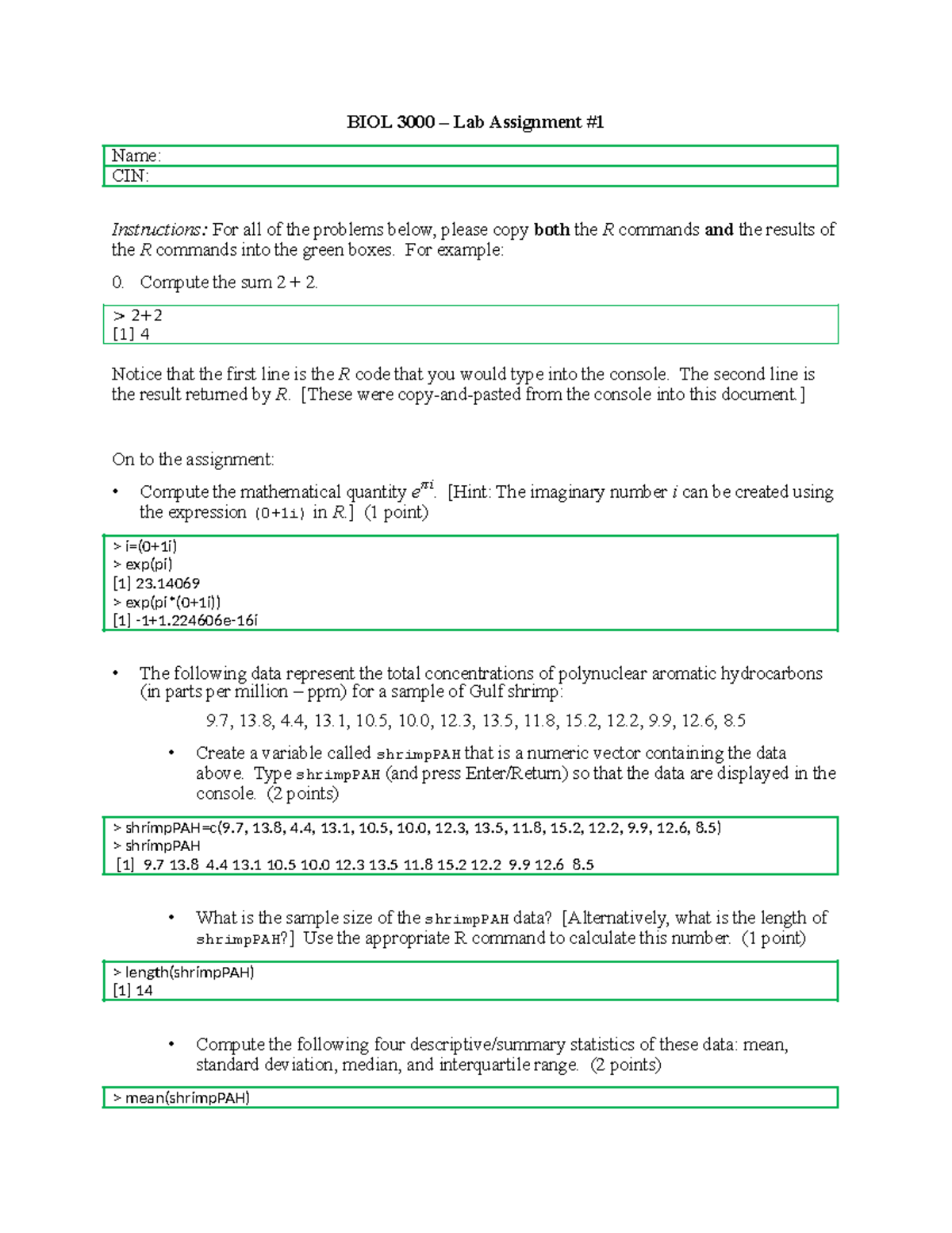 Lab Assignment 1 - lab 1 - BIOL 3000 – Lab Assignment Name: CIN: Instructions: For all of the ...