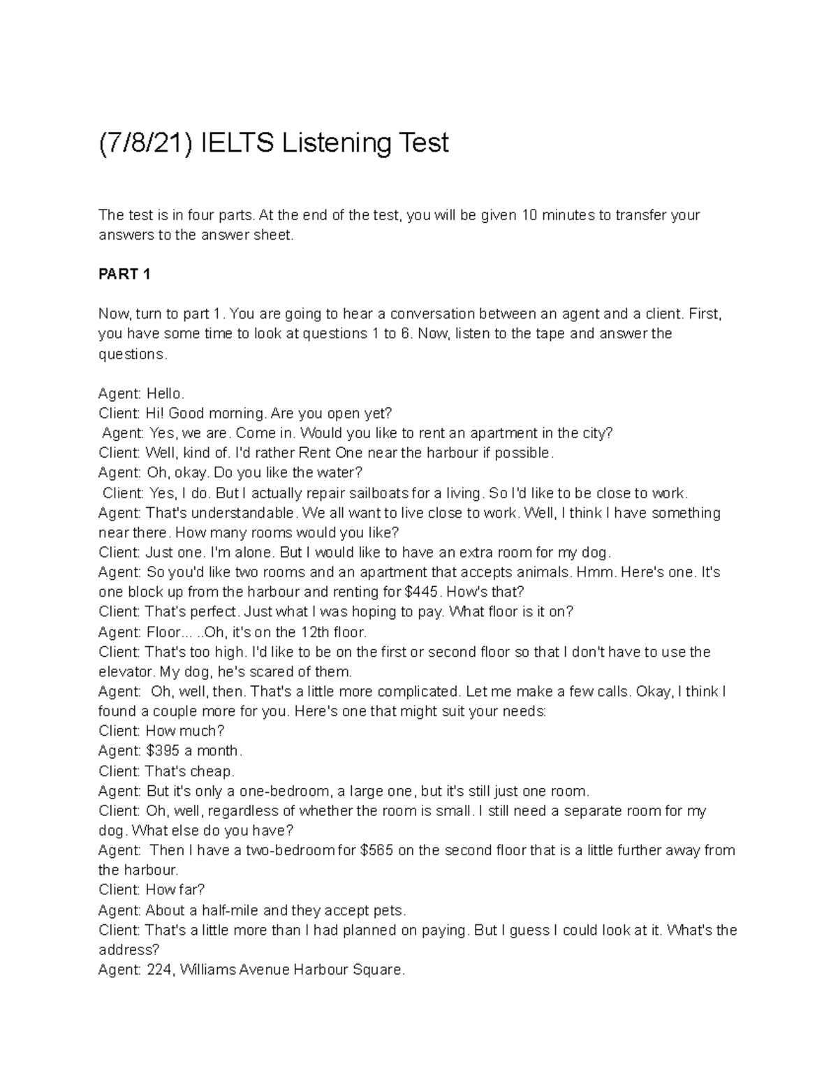 Tapescript for test 5 agent client conversation - (7/8/21) IELTS ...