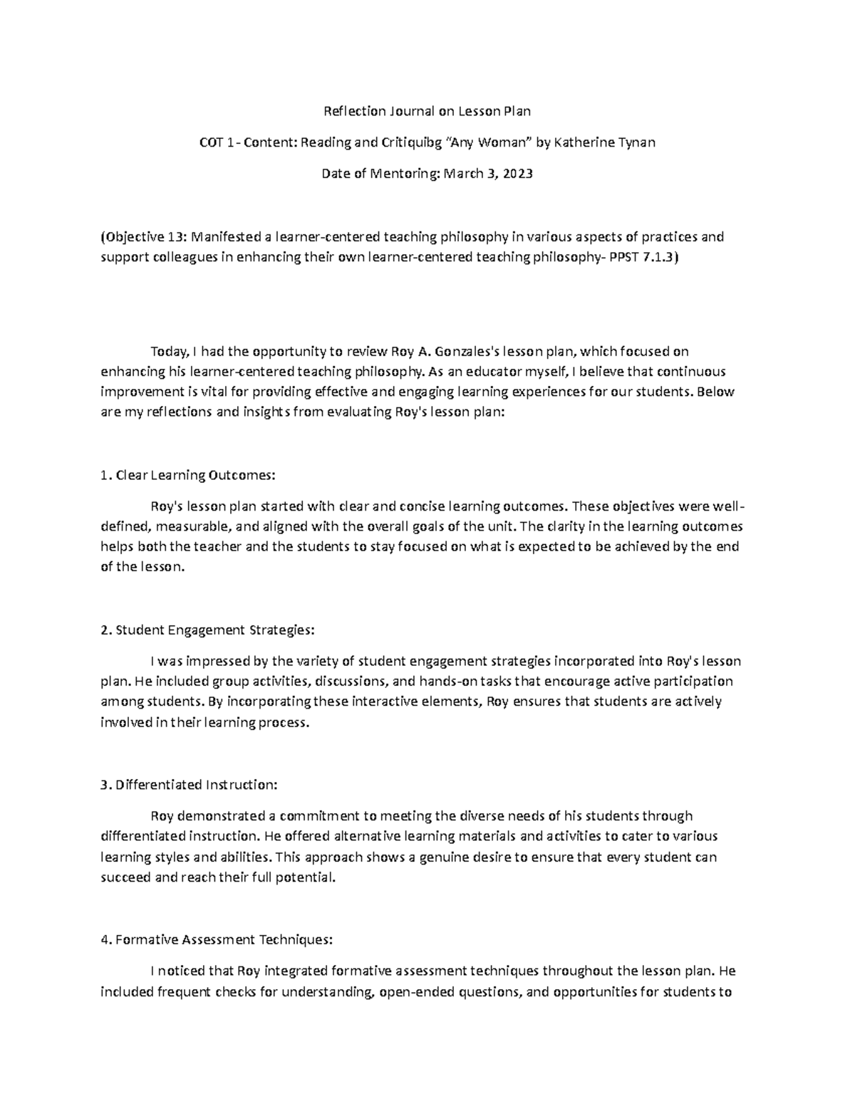 Reflection Journal on Lesson Plan - 1) Today, I had the opportunity to ...