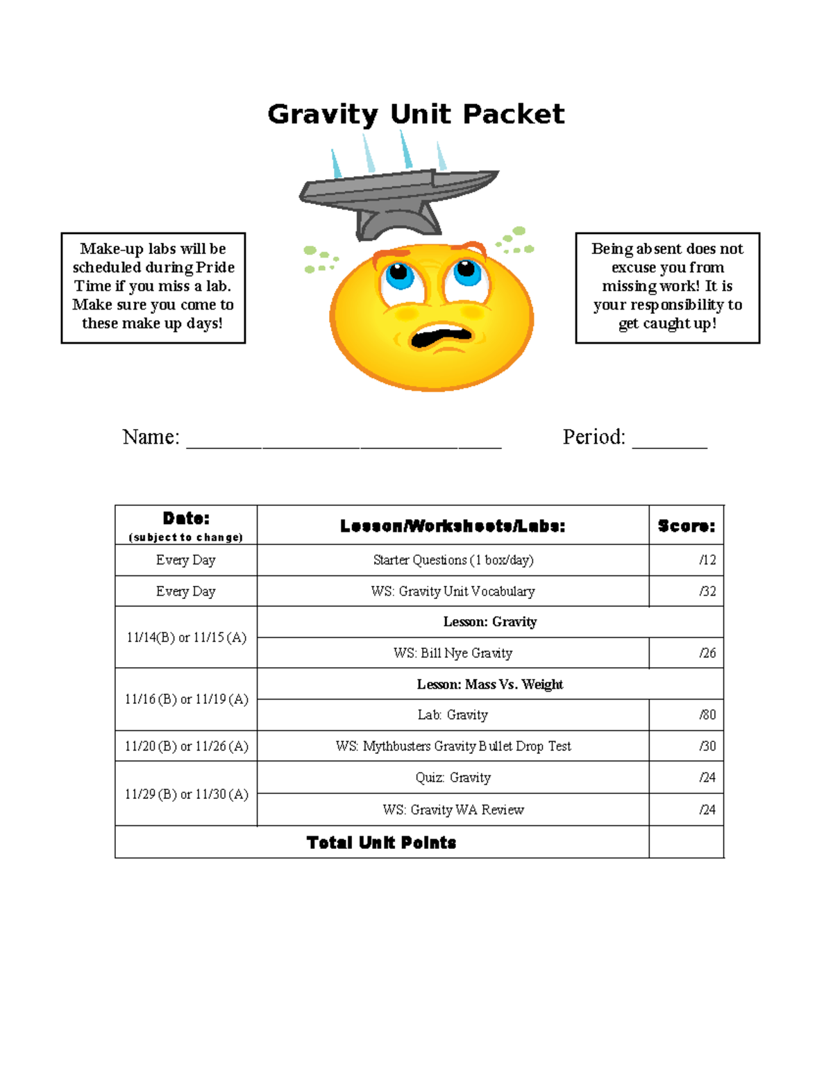 Gravity unit packet - Gravity Unit Packet Name ...
