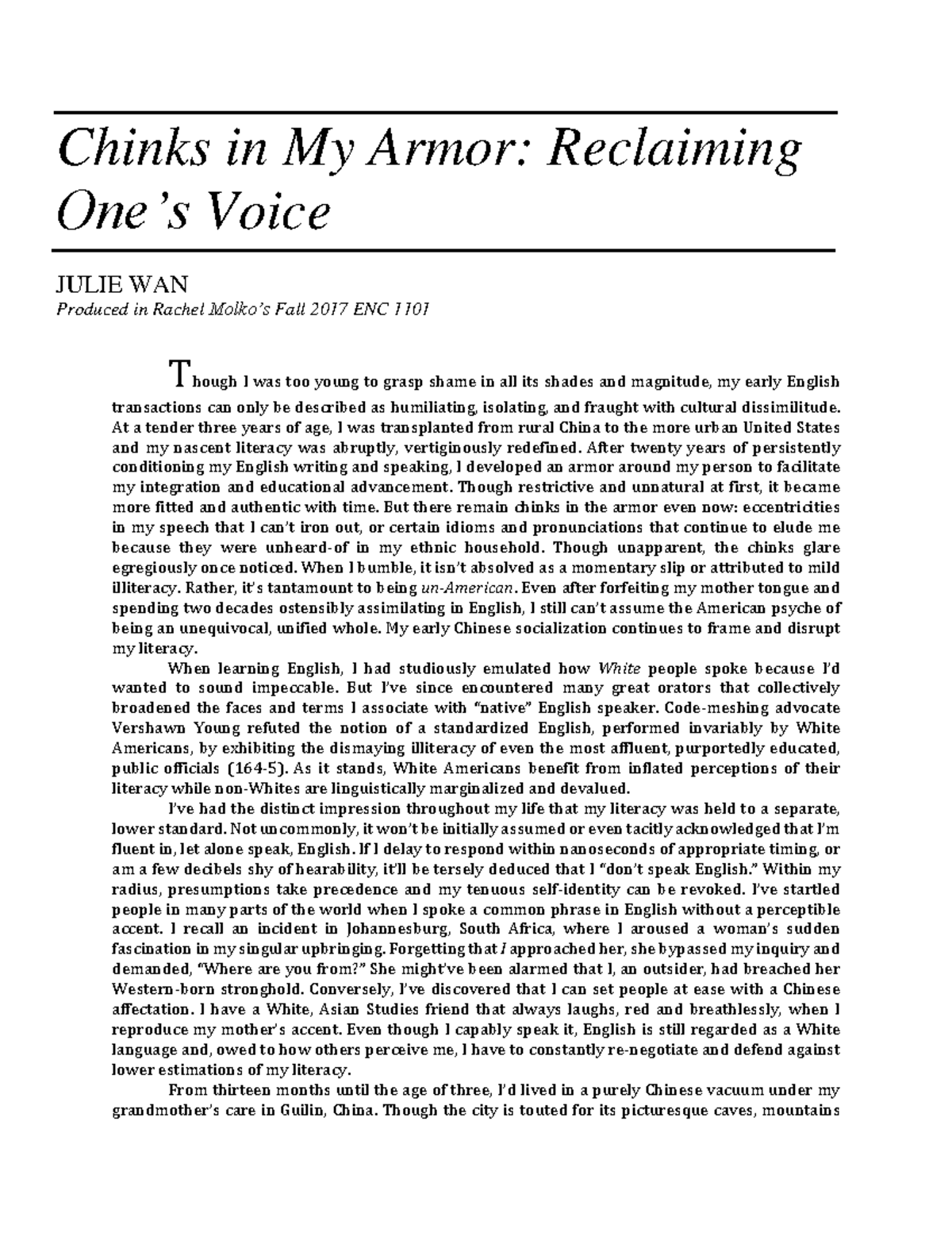 Julie Wan - Taught by Chris Jackson - Chinks in My Armor: Reclaiming ...