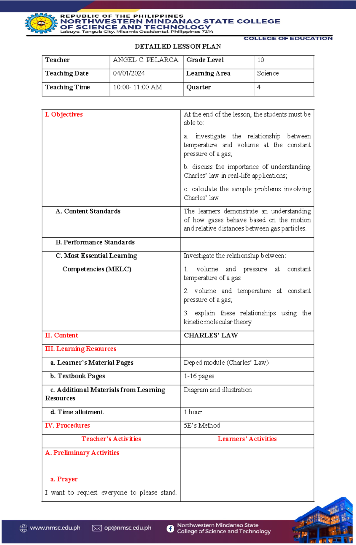 Charles-LAW lesson plan - DETAILED LESSON PLAN Teacher ANGEL C. PELARCA ...