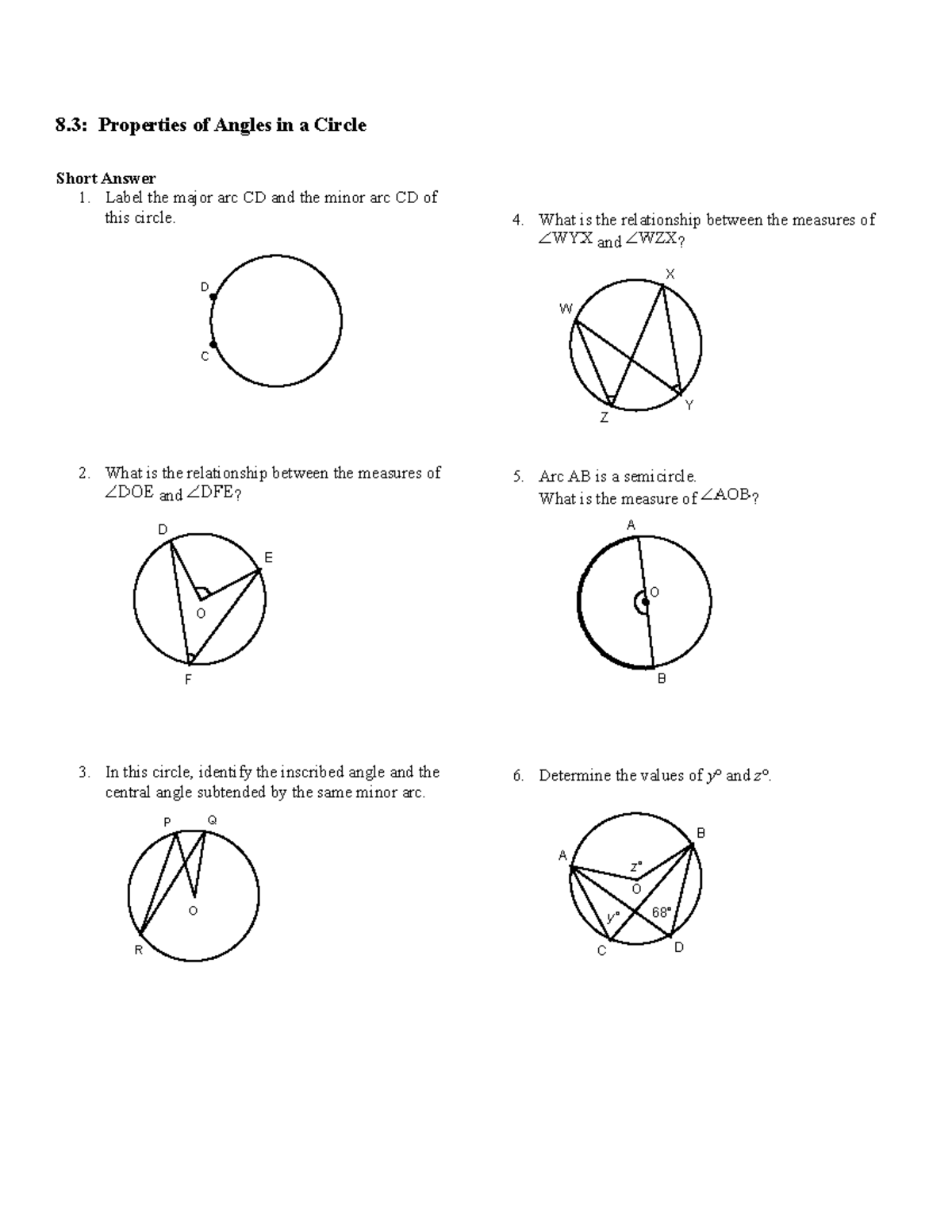 circle geometry quiz - 8: Properties of Angles in a Circle Short Answer ...