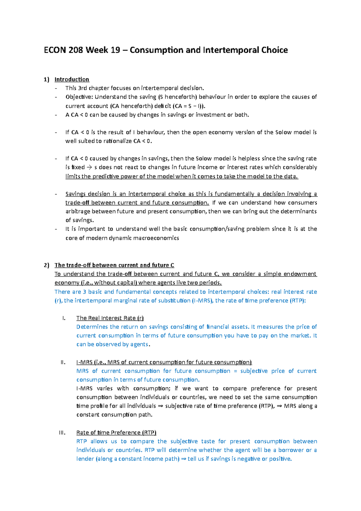 ECON 208 Week 19 - Lecture notes 19 - ECON 208 Week 19 – Consumption ...