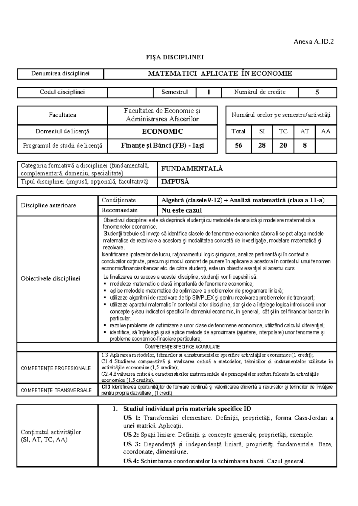 Matematici-aplicate-in-economie ID FB-IS 2021-2022 - Anexa A. FIŞA ...