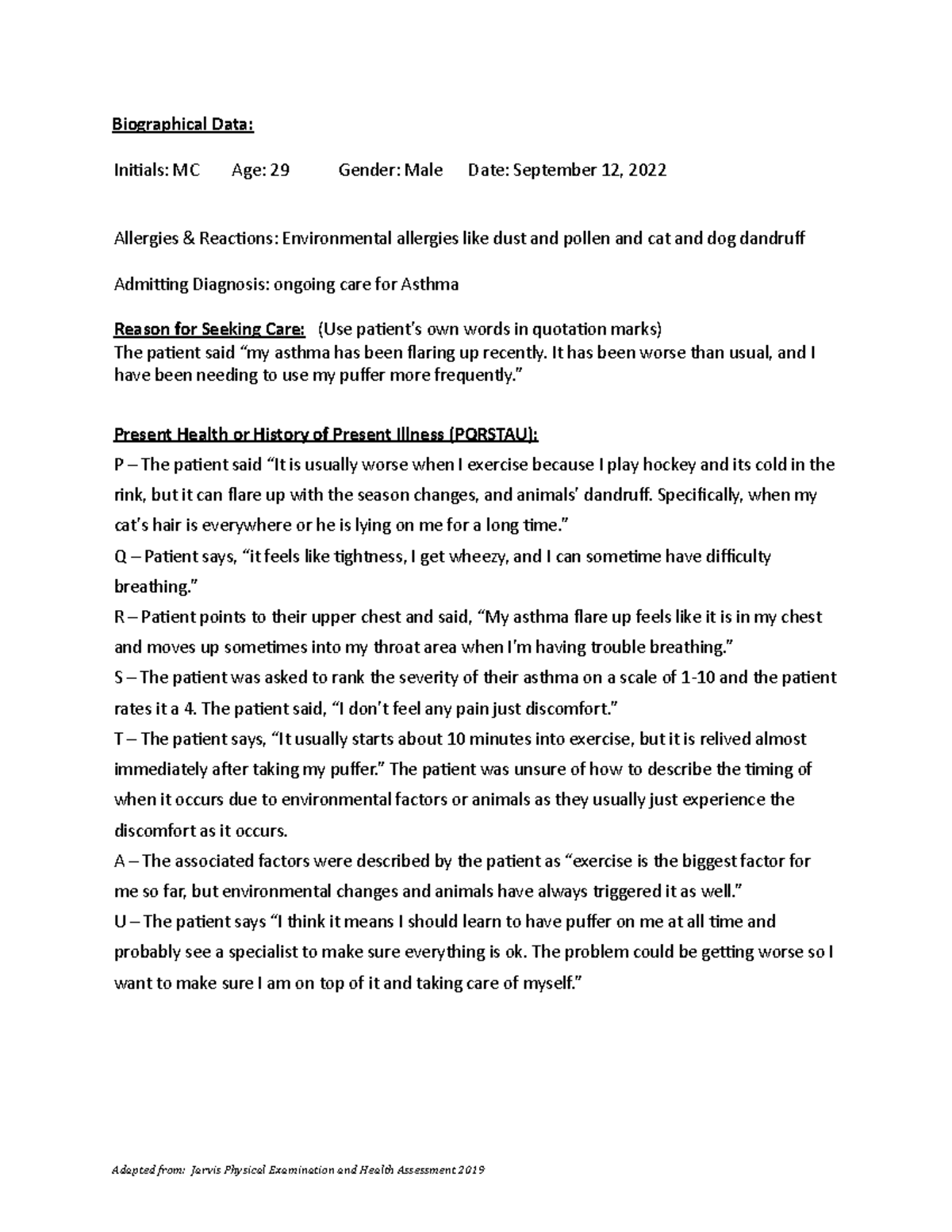 Health History Data Collection Tool - Biographical Data: Initials: MC ...