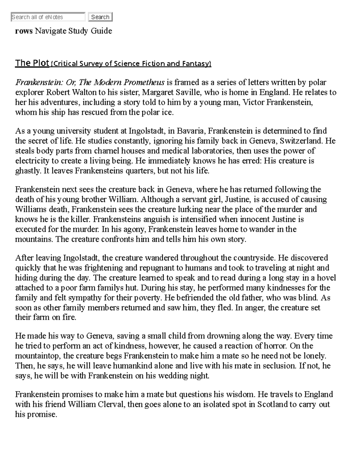 Frankenstein Analysis - Search all of eNotes Search rows Navigate Study ...