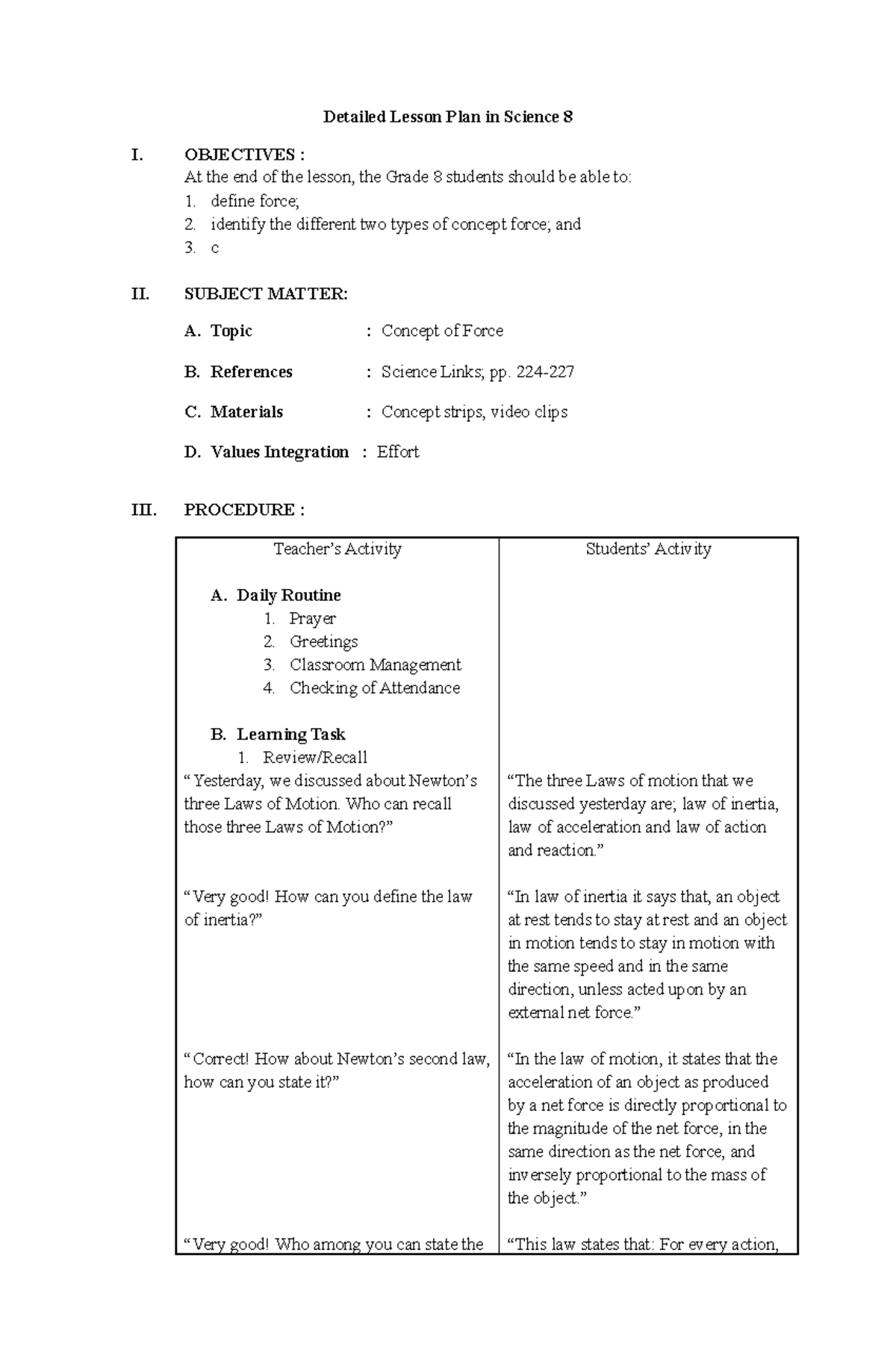 Concept-of-Force - SAMPLE TEACHING REFLECTION FORM FOR OBJECTIVE 9 ...