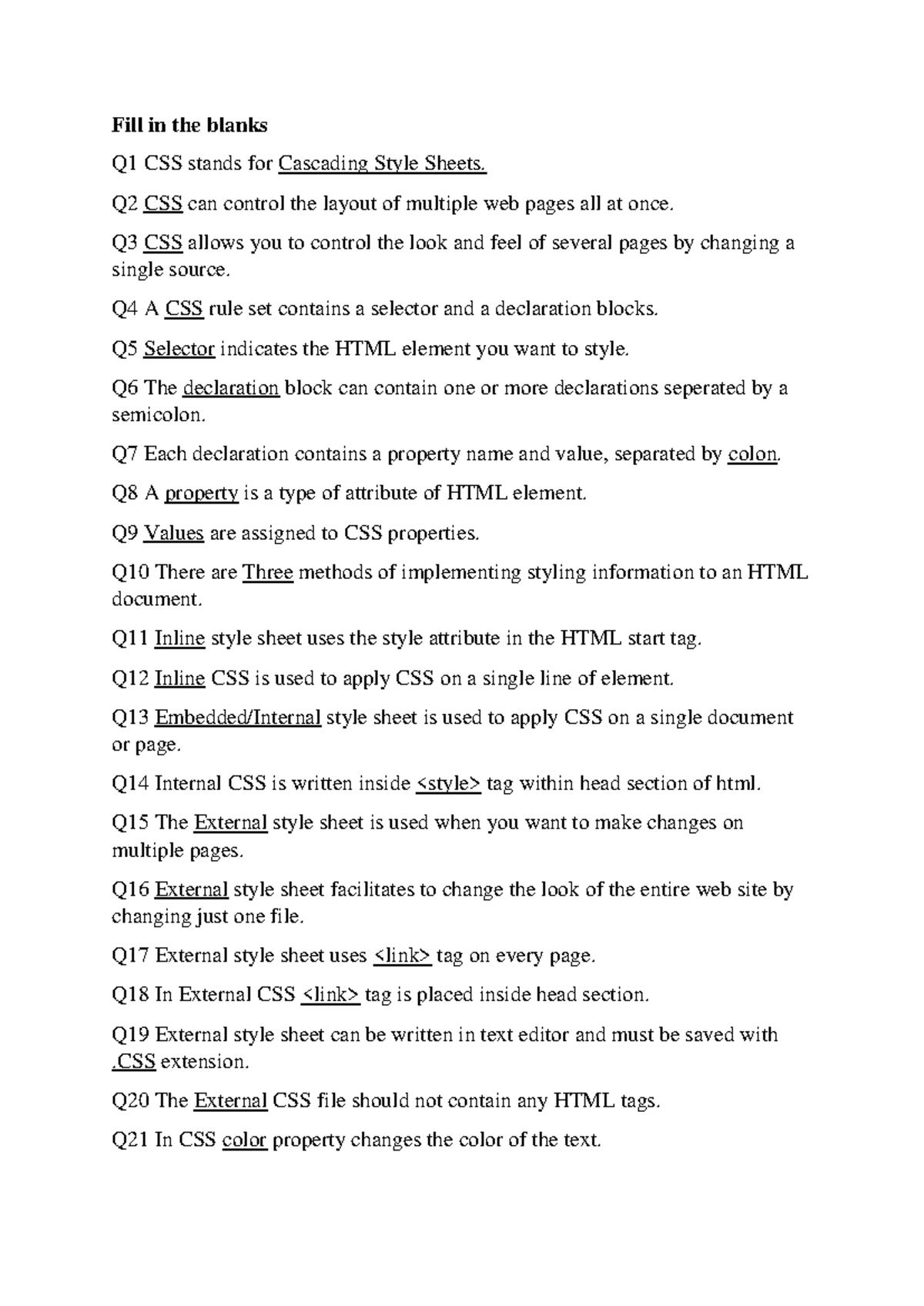 Css Objectives Fill In The Blanks Q1 Css Stands For Cascading Style Sheets Q2 Css Can Control 7585