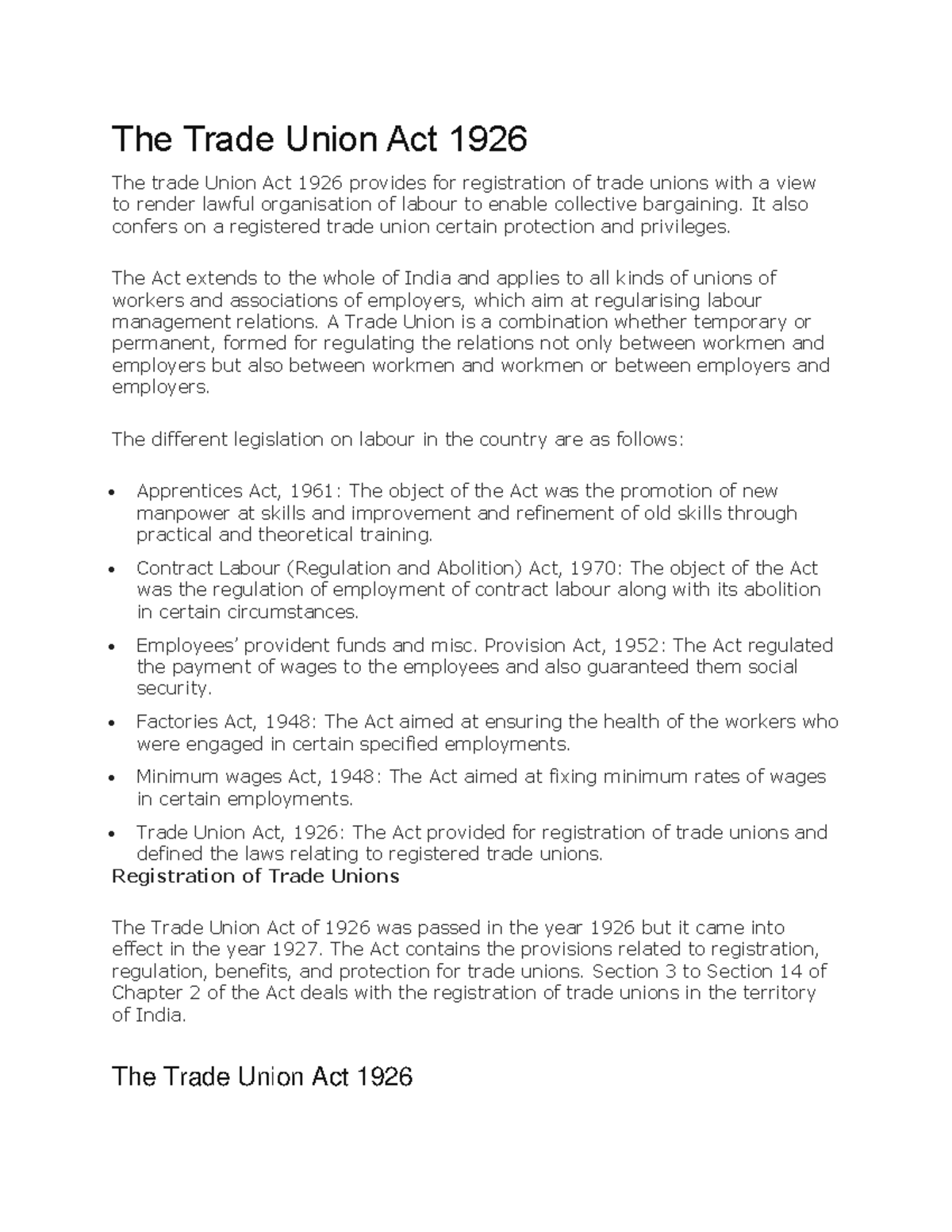 The Trade Union Act 1926 - The Trade Union Act 1926 The trade Union Act ...