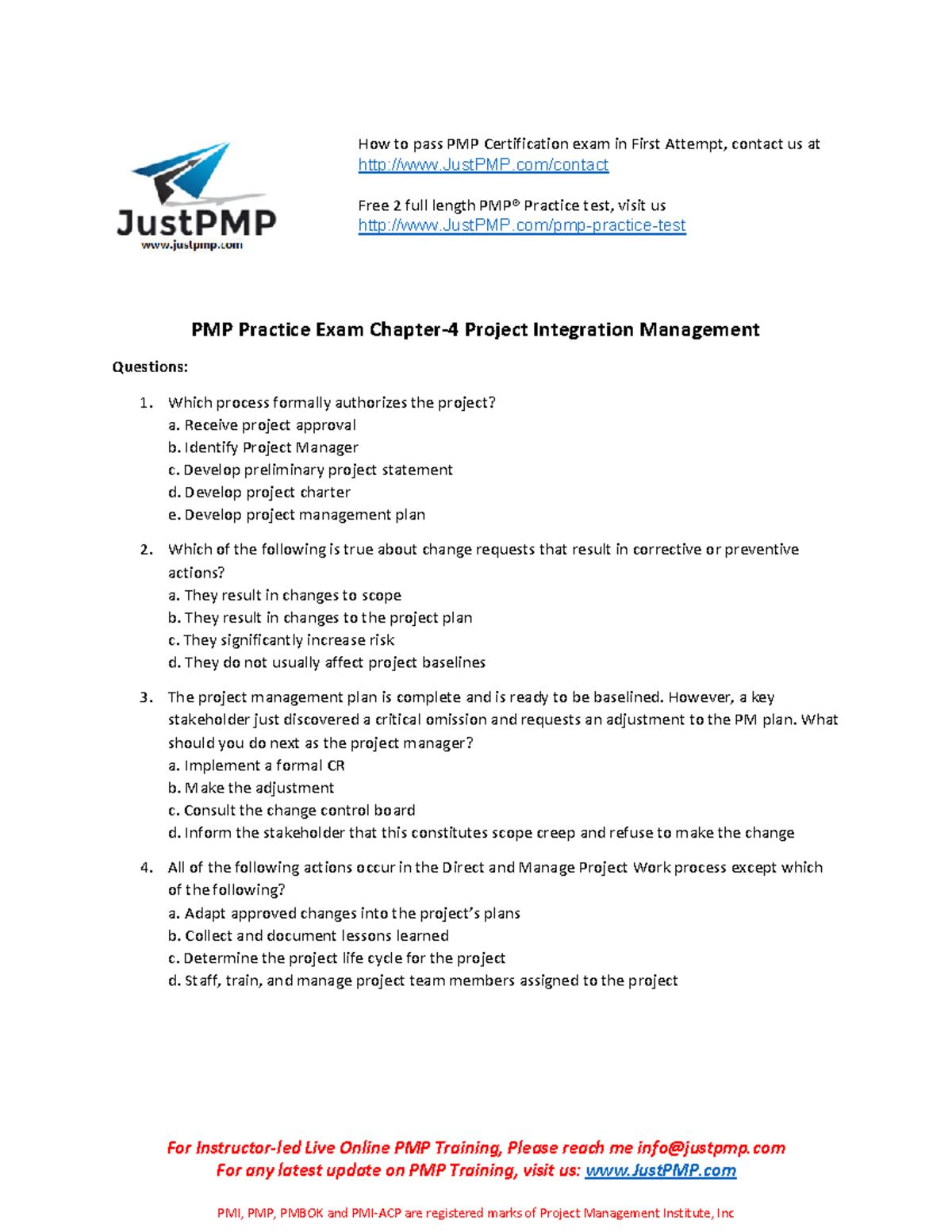 PMP Chapter 4 test Project Integration Management - For Instructor-led ...