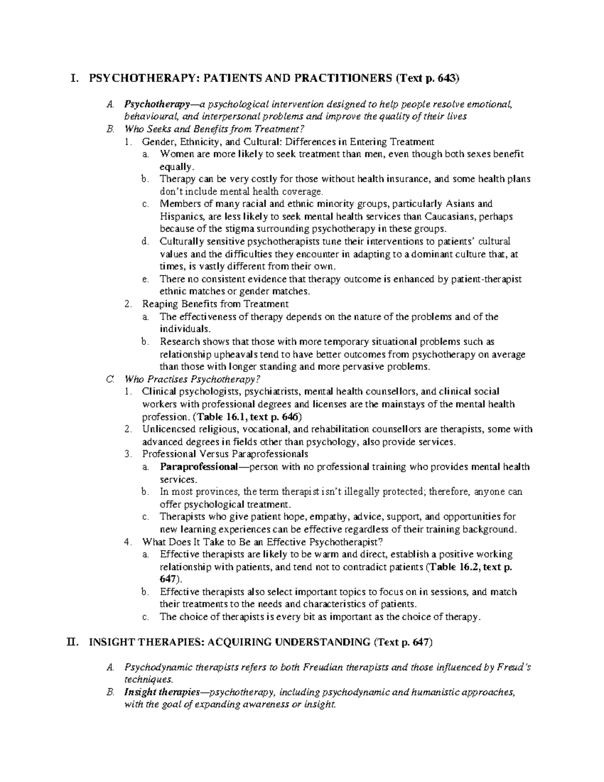 Chapter Sixteen Study Notes - I. PSYCHOTHERAPY: PATIENTS AND ...