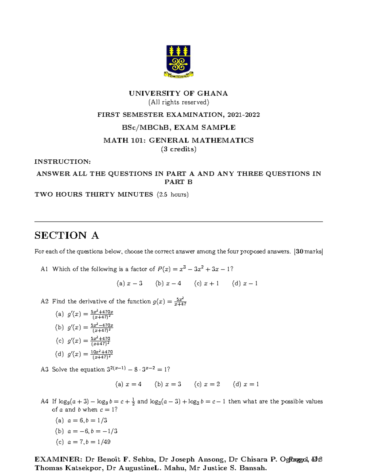 Exam Sample MATH 101-2022 - UNIVERSITY OF GHANA (All rights reserved ...