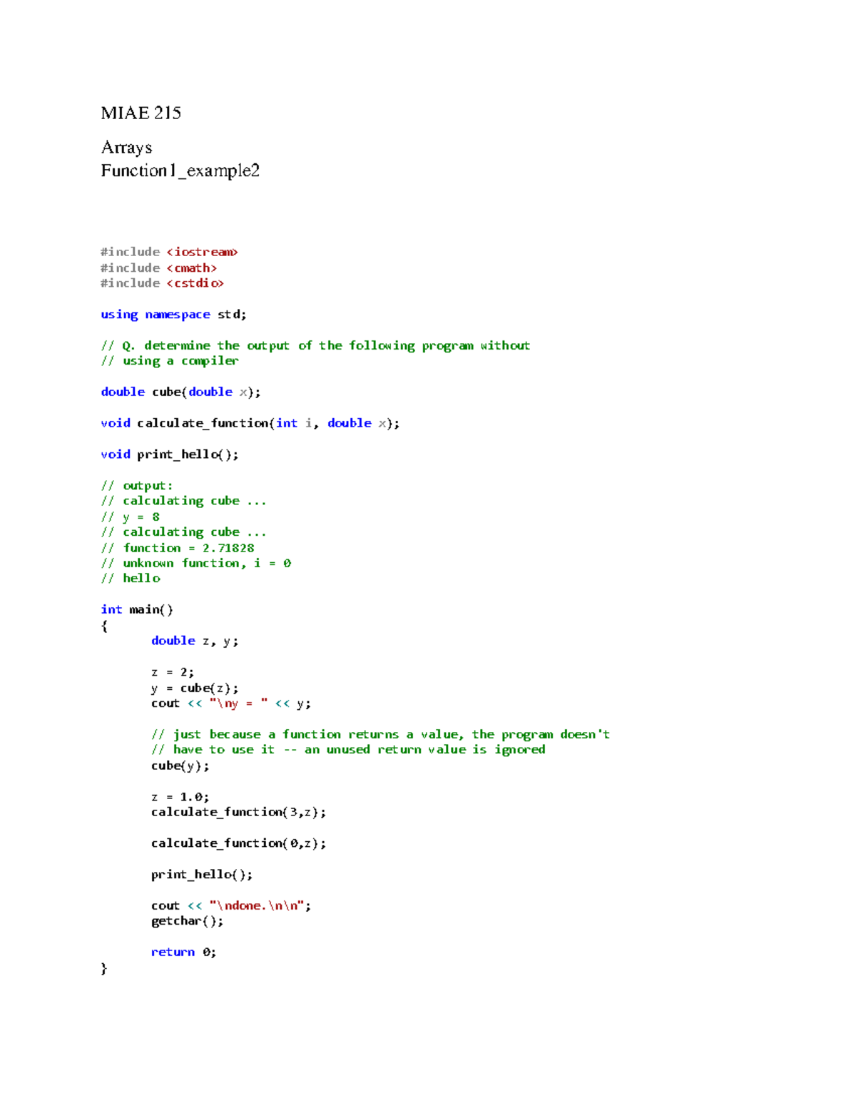 Function 1 example 2 - MIAE 215 Arrays Function1_example #include # ...