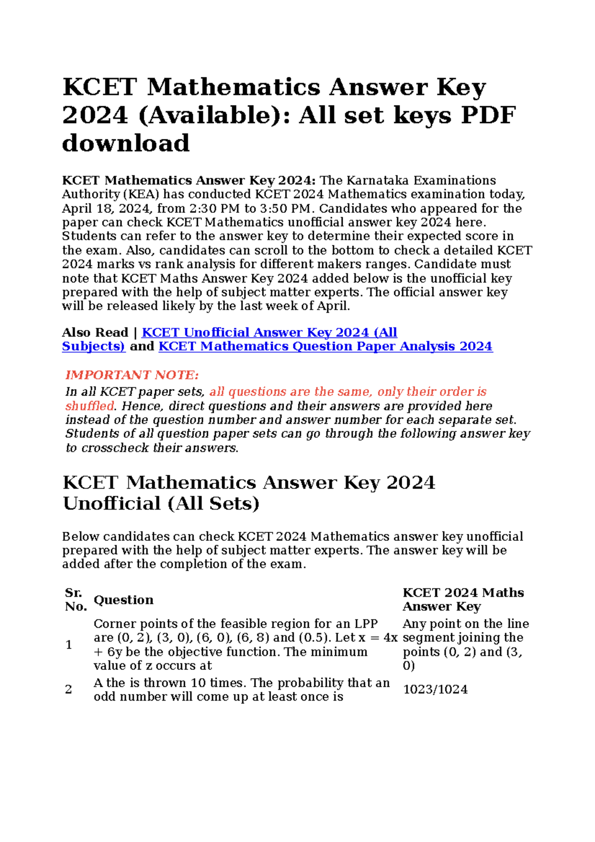 Collegedekho 240418 192411 - KCET Mathematics Answer Key 2024 ...