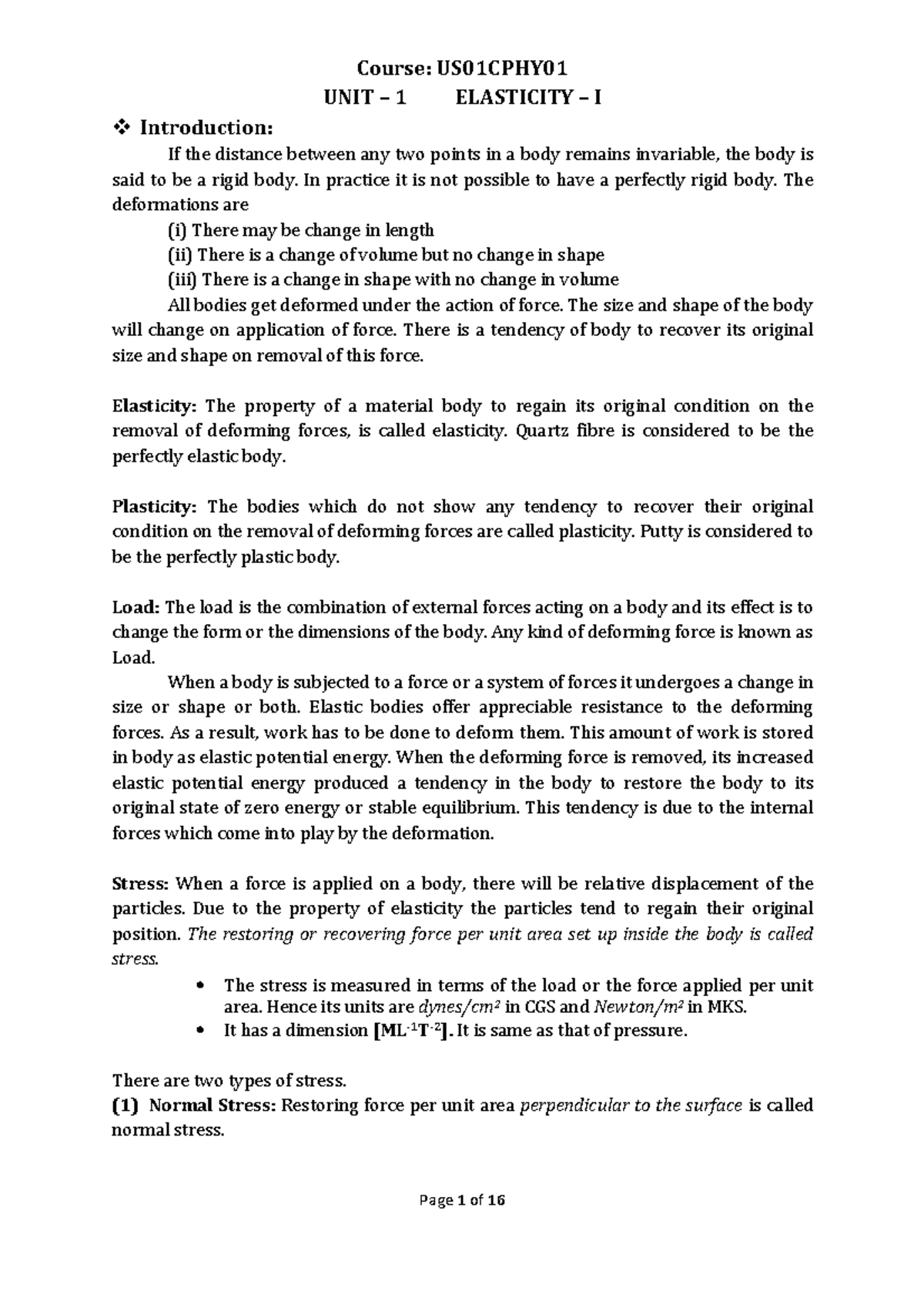 US01CPHY01 Unit1 Elasticity PMP - Course: US01CPHY UNIT – 1 ELASTICITY ...
