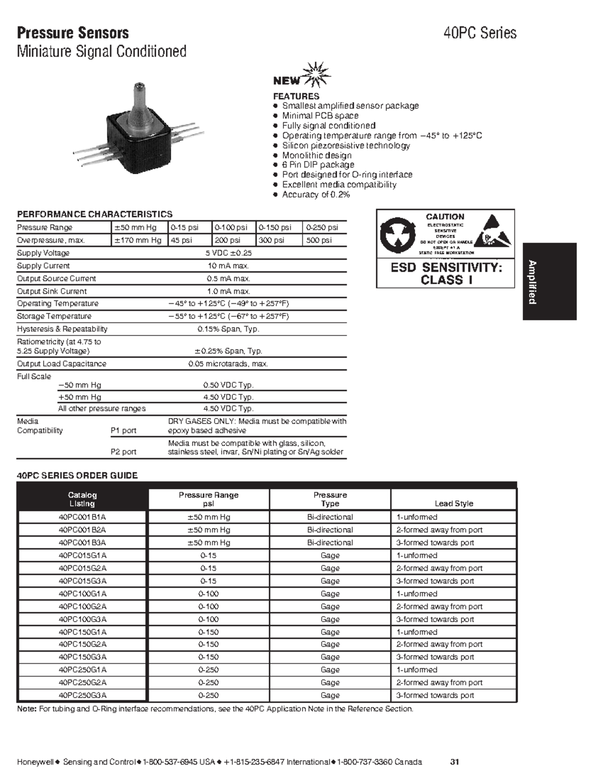 Honeywell - Pressure Sensors 40PC Series Miniature Signal Conditioned ...