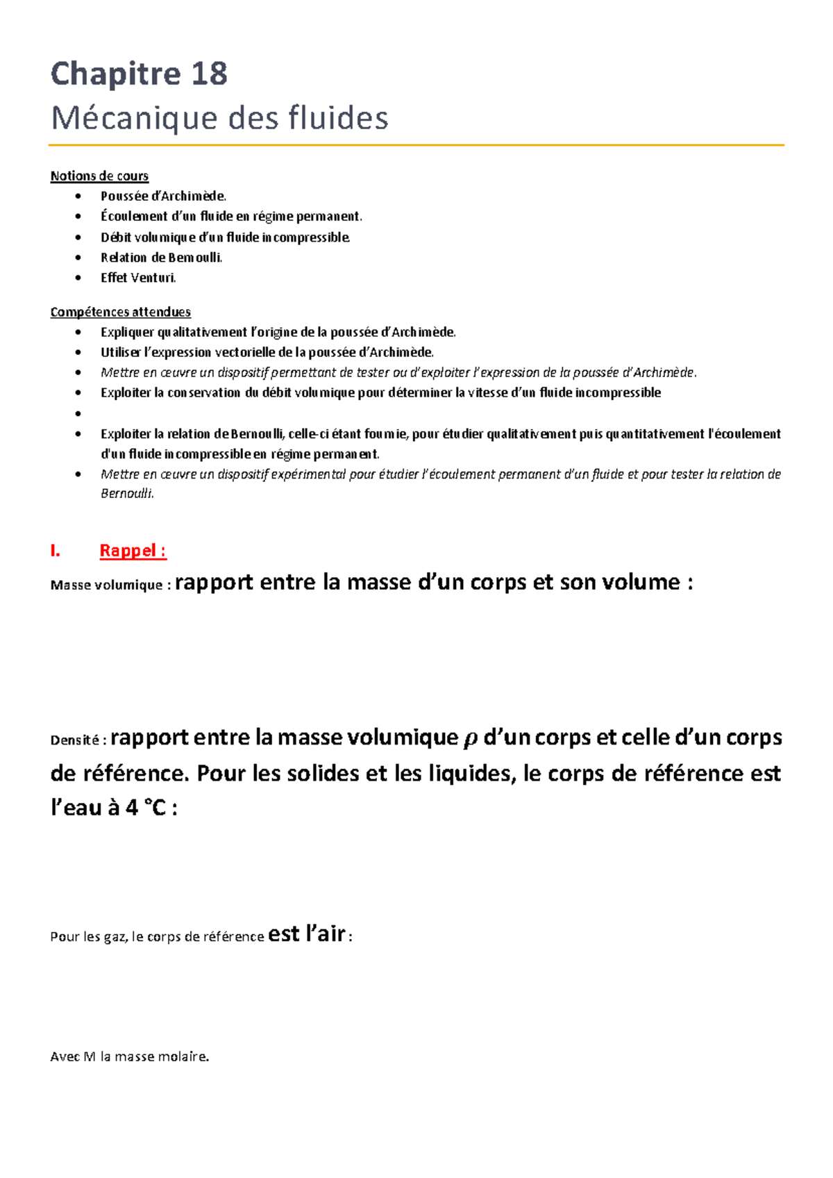 CH18 Mécanique des fluides (élève) V2 - Chapitre 18 Mécanique des fluides Notions de cours ...