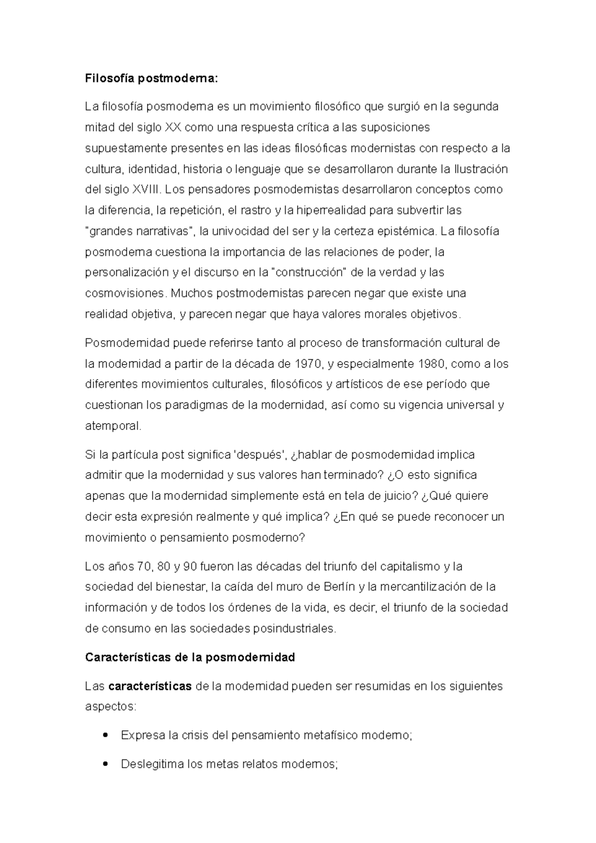 Resumen sobre la Filosofia Postmoderna - INTROD. A LA FILOSOFIA - UTESA ...