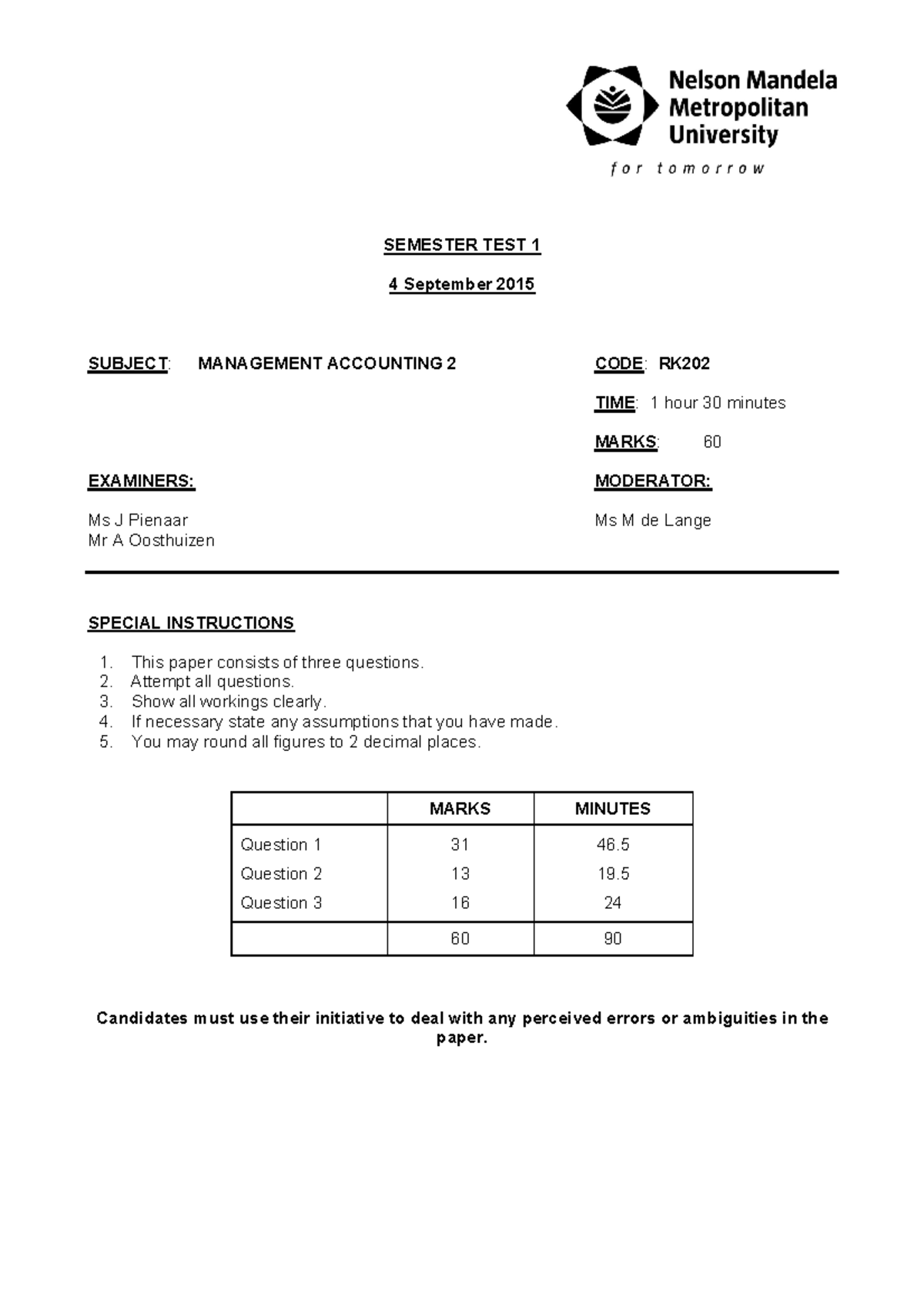 RK202 - Test 1 - 4 September 2015 - SEMESTER TEST 1 4 September 2015 ...