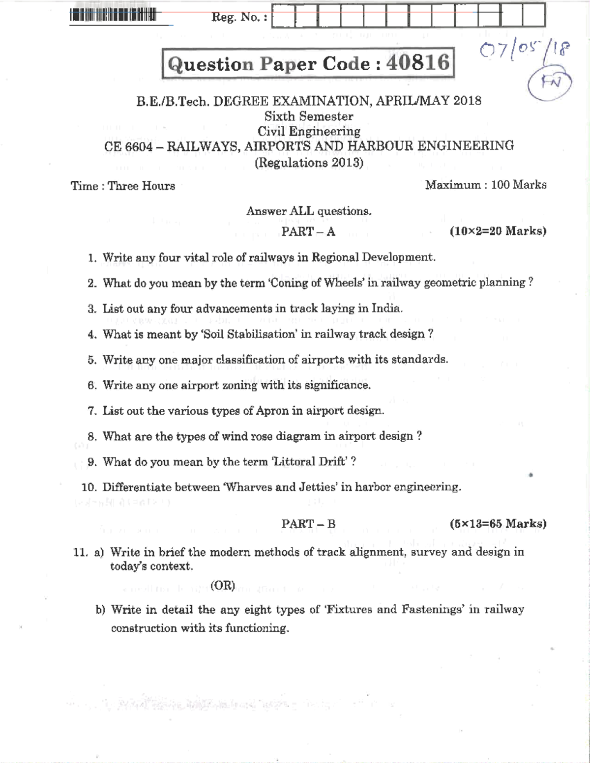 BTech, BE Civil Engineering 043 - CE8702, CE6604 Railways and Airports ...