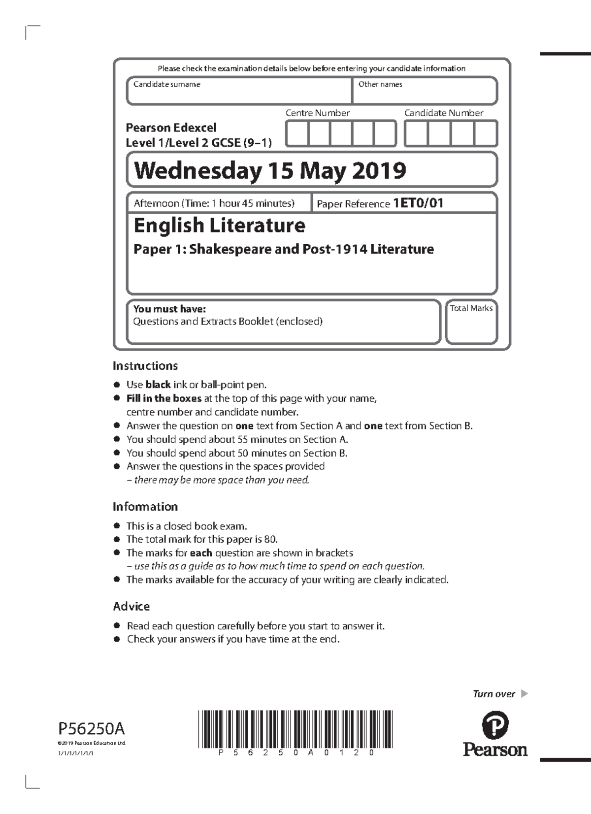 1ET0 01 que 2019 0516 - x - P56250A0120 Turn over ####### Candidate s ...