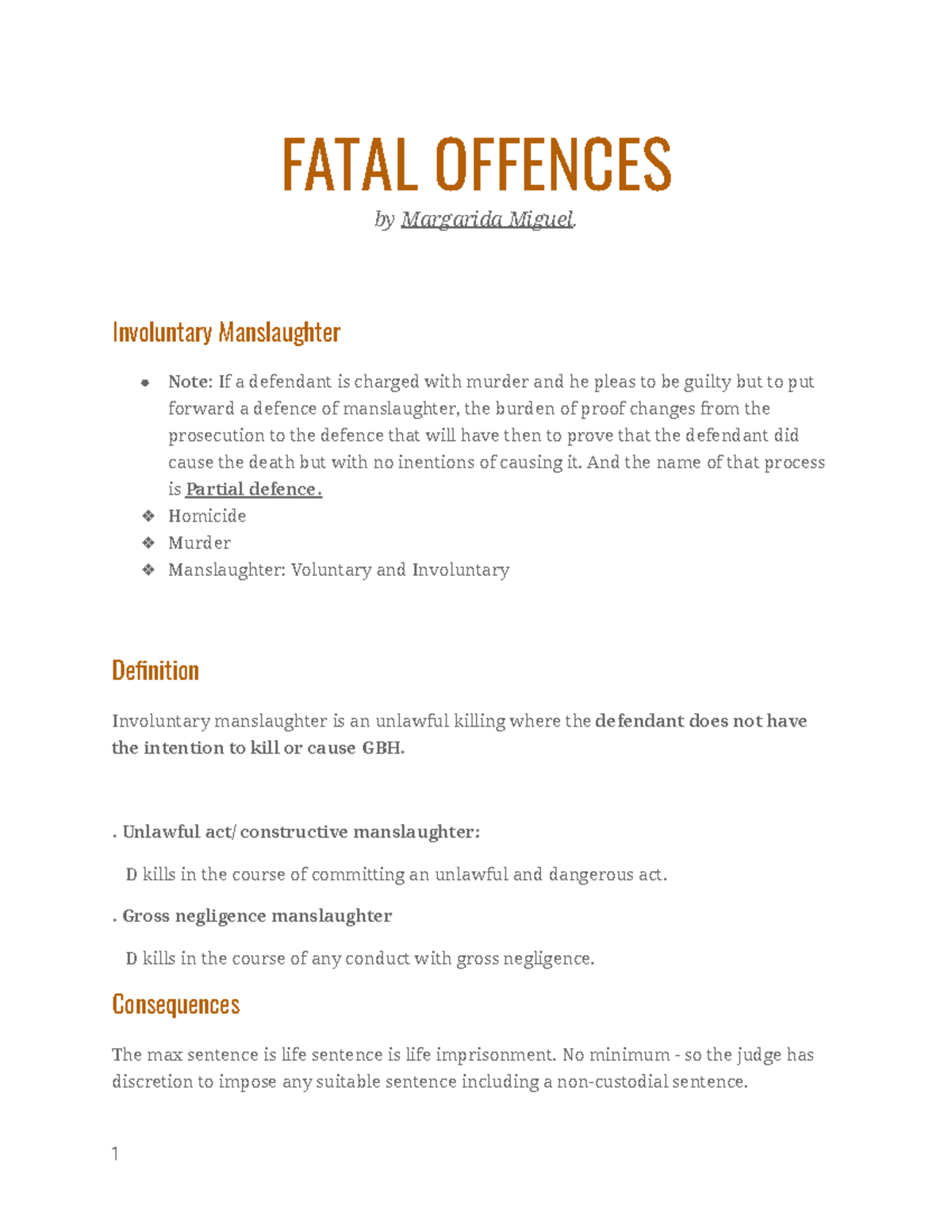 Non-fatal offences. - FATAL OFFENCES by Margarida Miguel. Involuntary ...