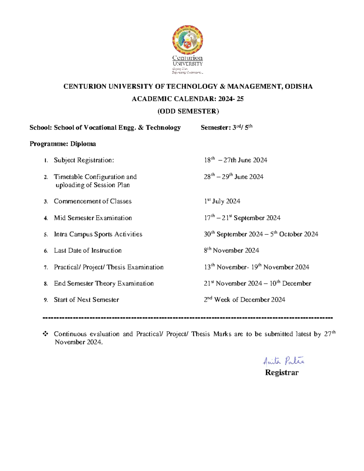 3. Academic Calendar So VET-Diploma - 2024-25 - CENTURION UNIVERSITY OF ...