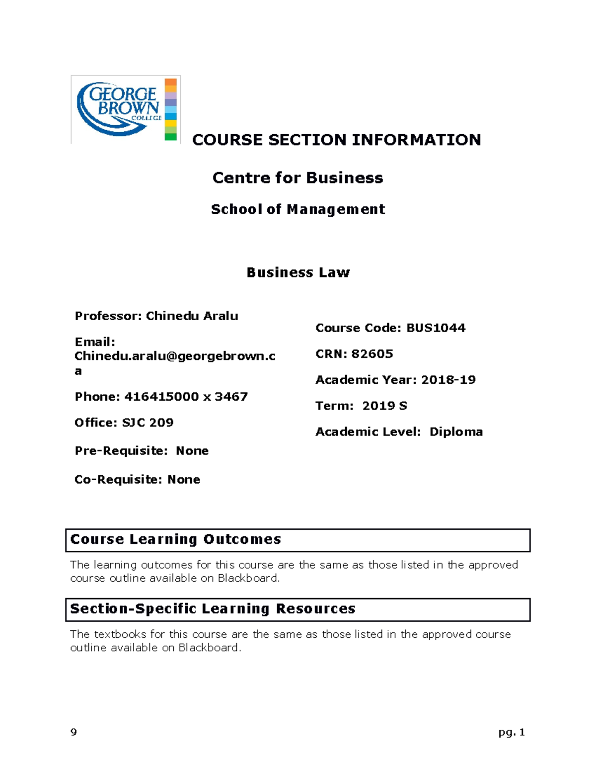 BUS1044 - Master Course Outline - COURSE SECTION INFORMATION Centre for ...