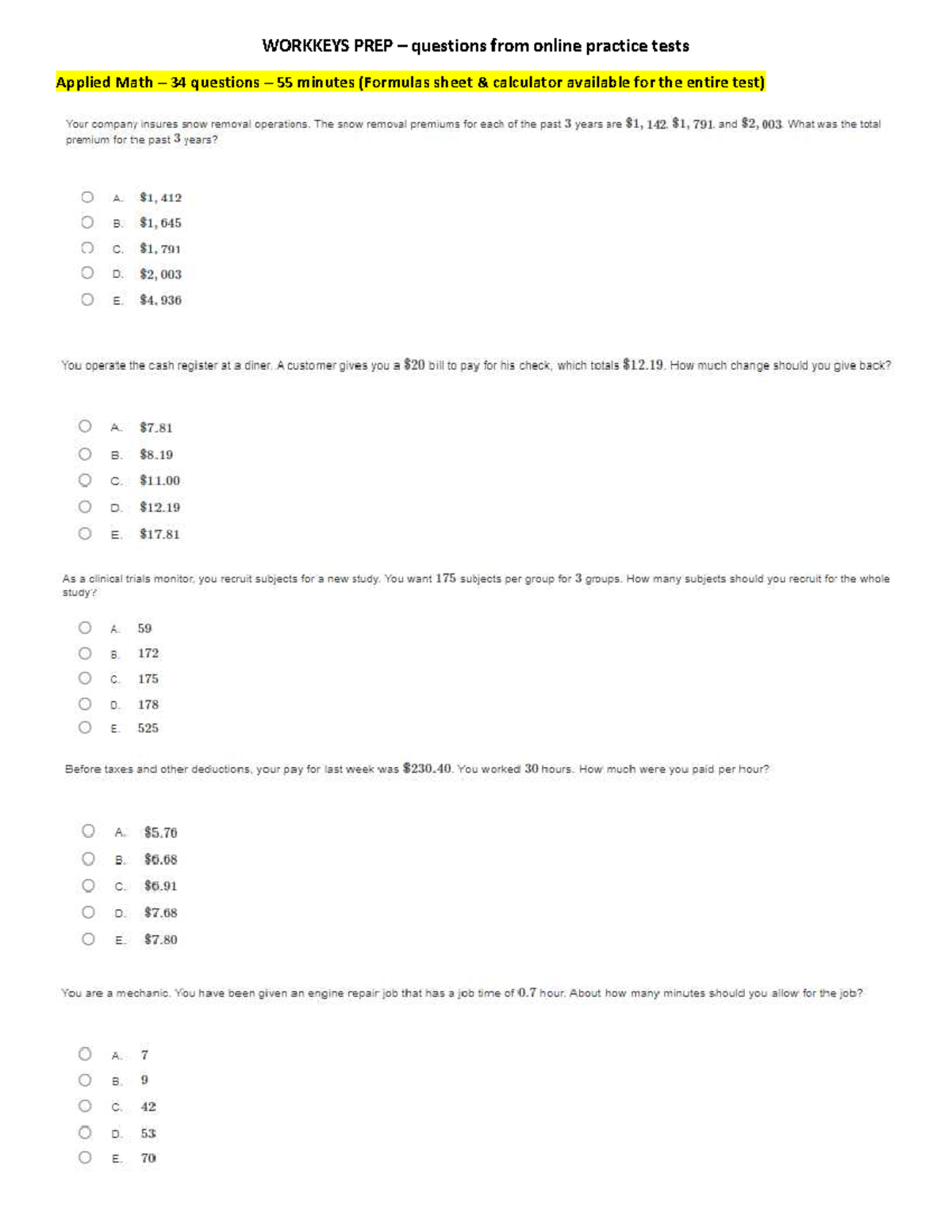 Work Keys Test Prep - CSCI2520 - WORKKEYS PREP – questions from online ...