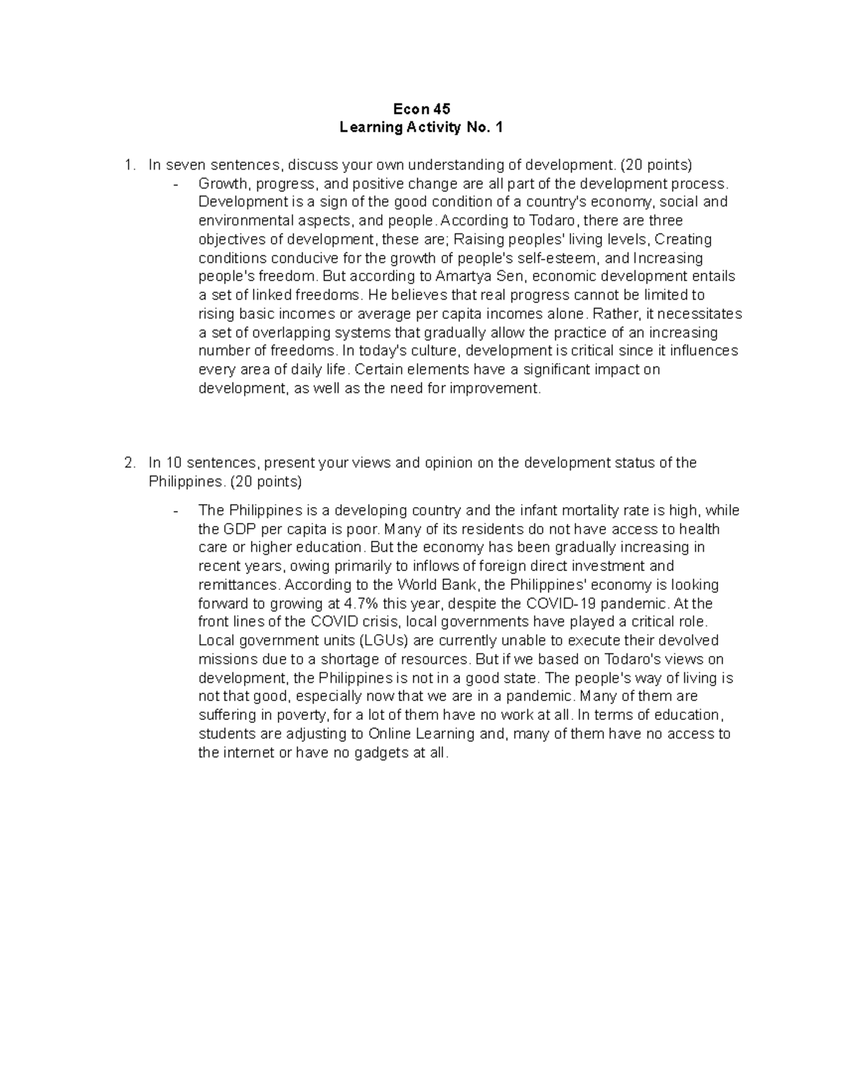 Learning Activity No. 1 - Econ 45 Learning Activity No. 1 In seven ...