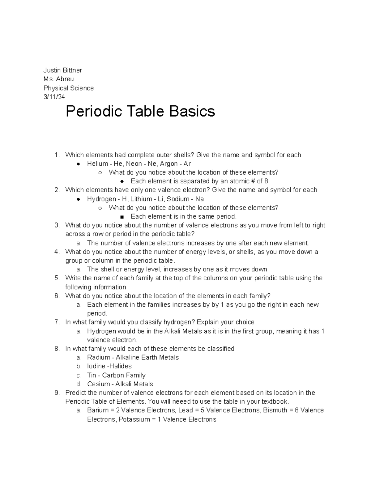 Periodic Table Basics - Justin Bittner Ms. Abreu Physical Science 3/11 ...