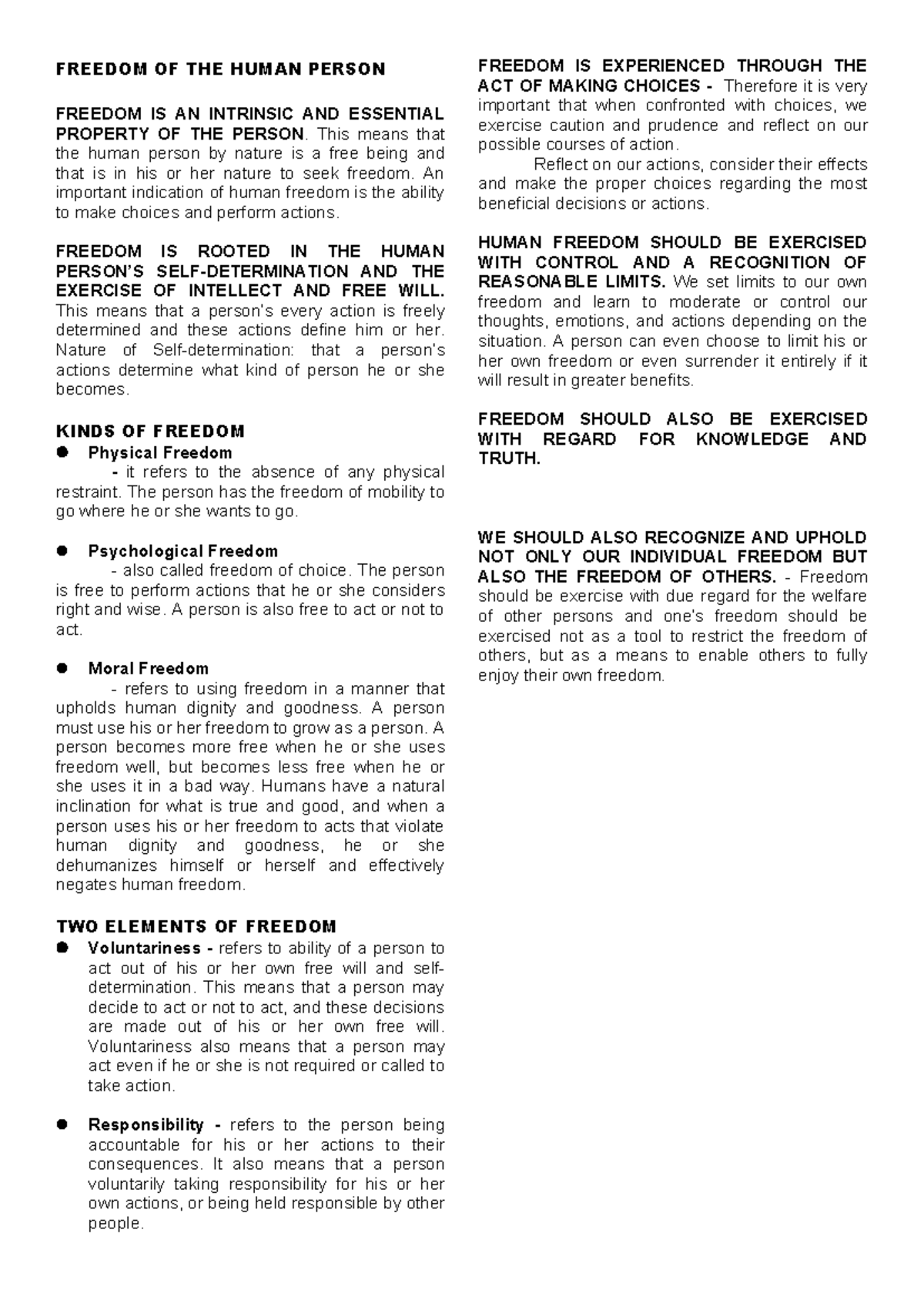 Freedom OF THE Human Person - FREEDOM OF THE HUMAN PERSON FREEDOM IS AN ...