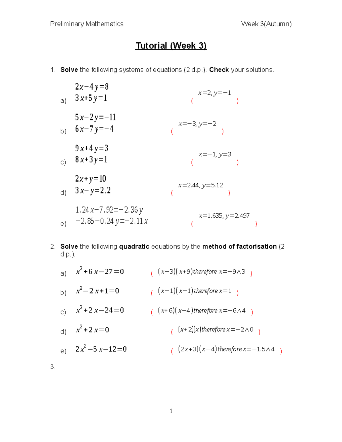 Tutorial 3 (with answers) - Preliminary Mathematics Week 3(Autumn ...