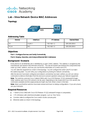 7 - lkfdsjlfjadslf - Lab - View the Switch MAC Address Table Topology Addressing Table Device ...
