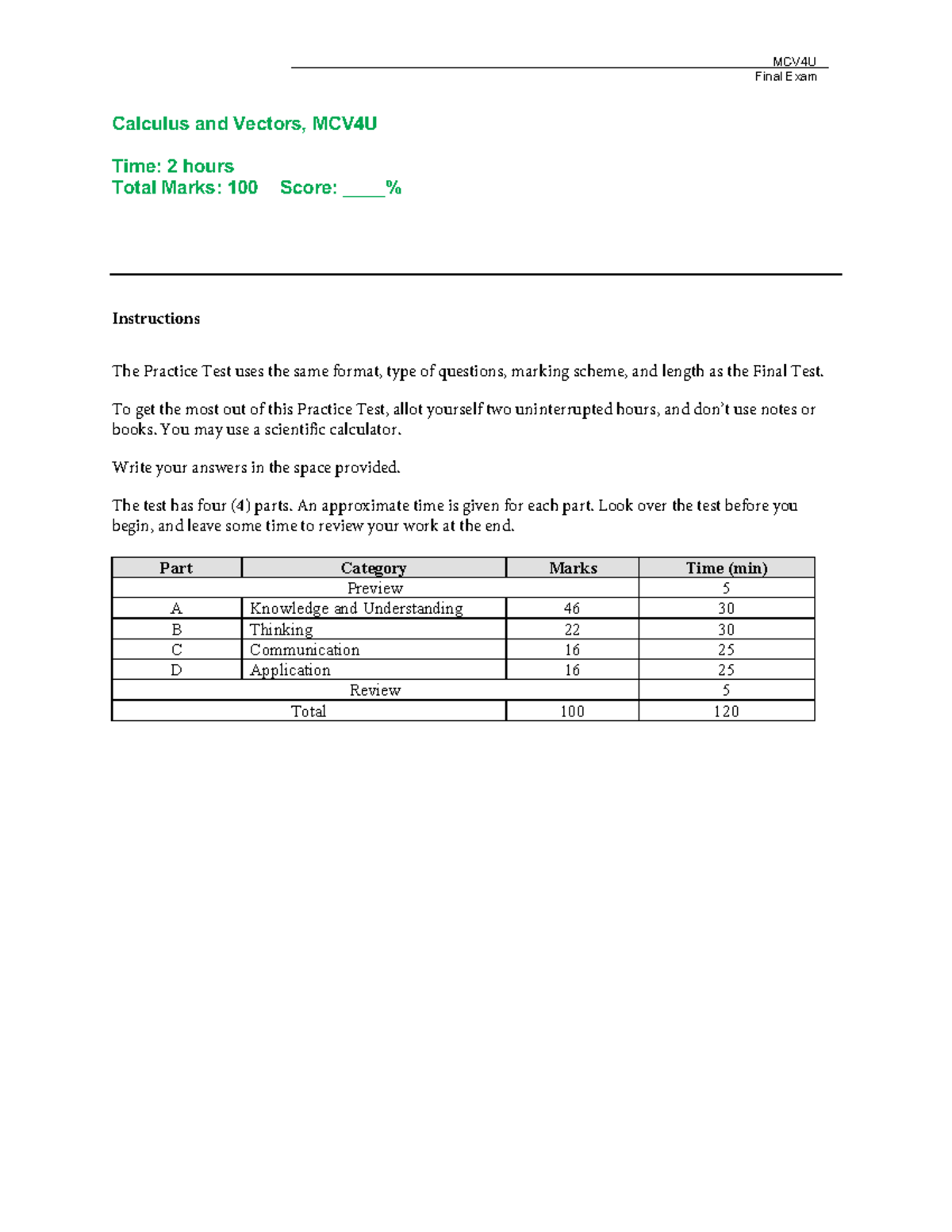 Final exam - ........................ - Final Exam Calculus and Vectors ...