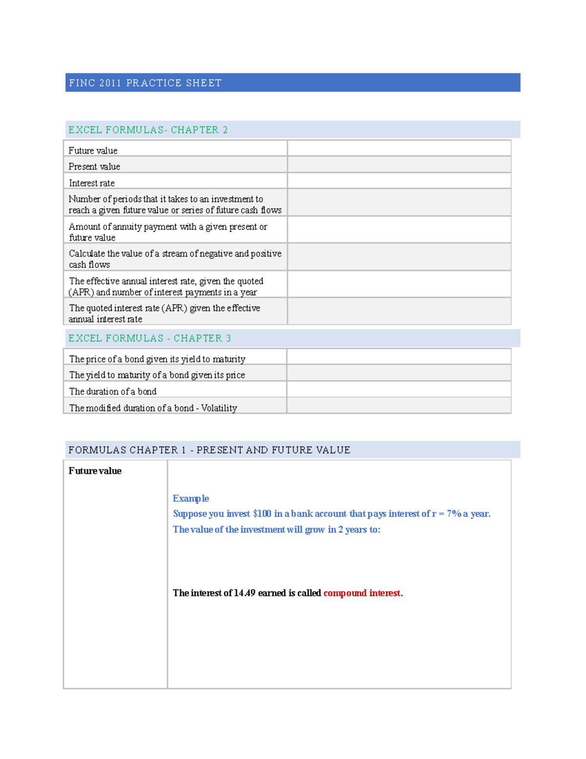 Finc 2011 practice sheet (chapter 1-3) - FINC 2011 PRACTICE SHEET EXCEL ...