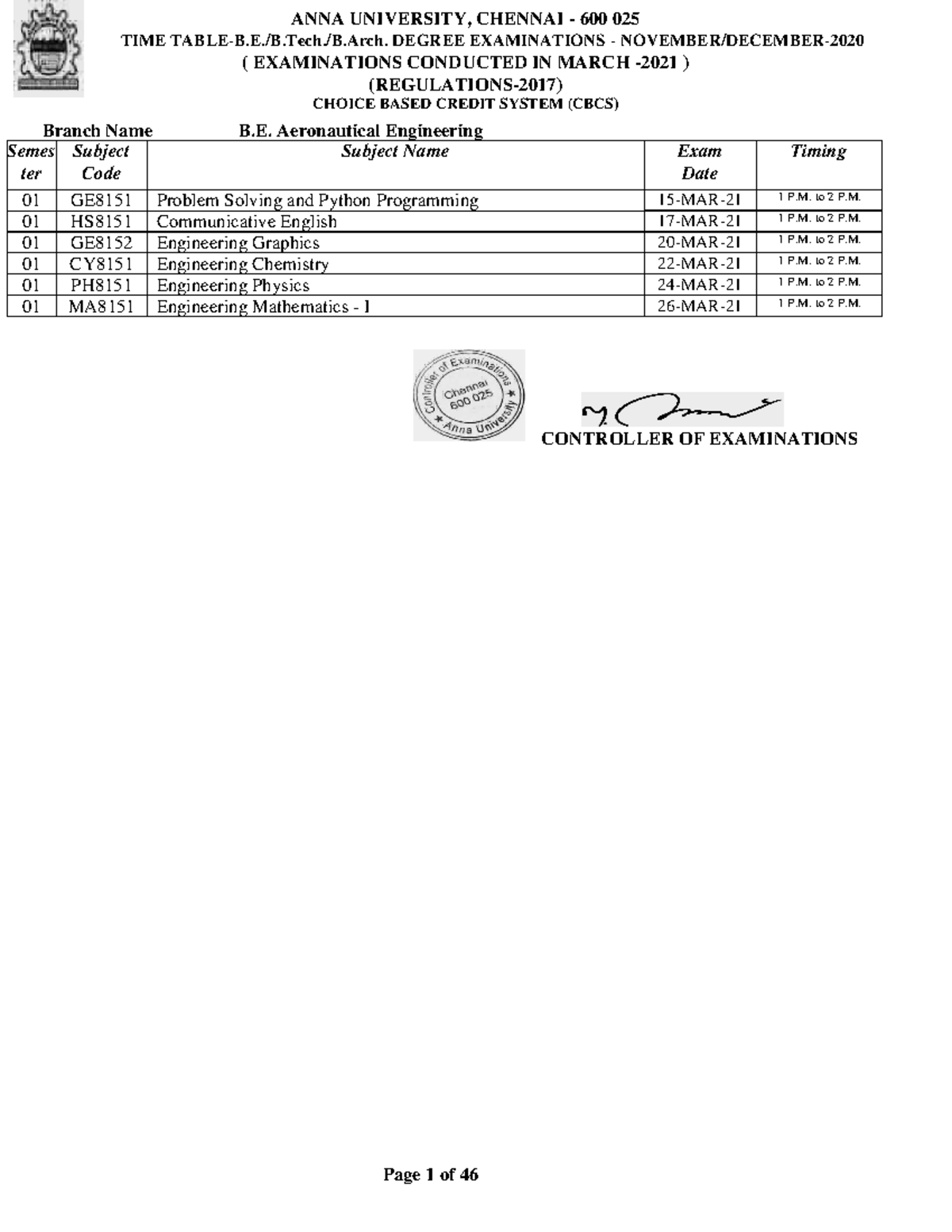 Aucr2017 isem - Ch hccg - CONTROLLER OF EXAMINATIONS TIME TABLE-B.E./B ...