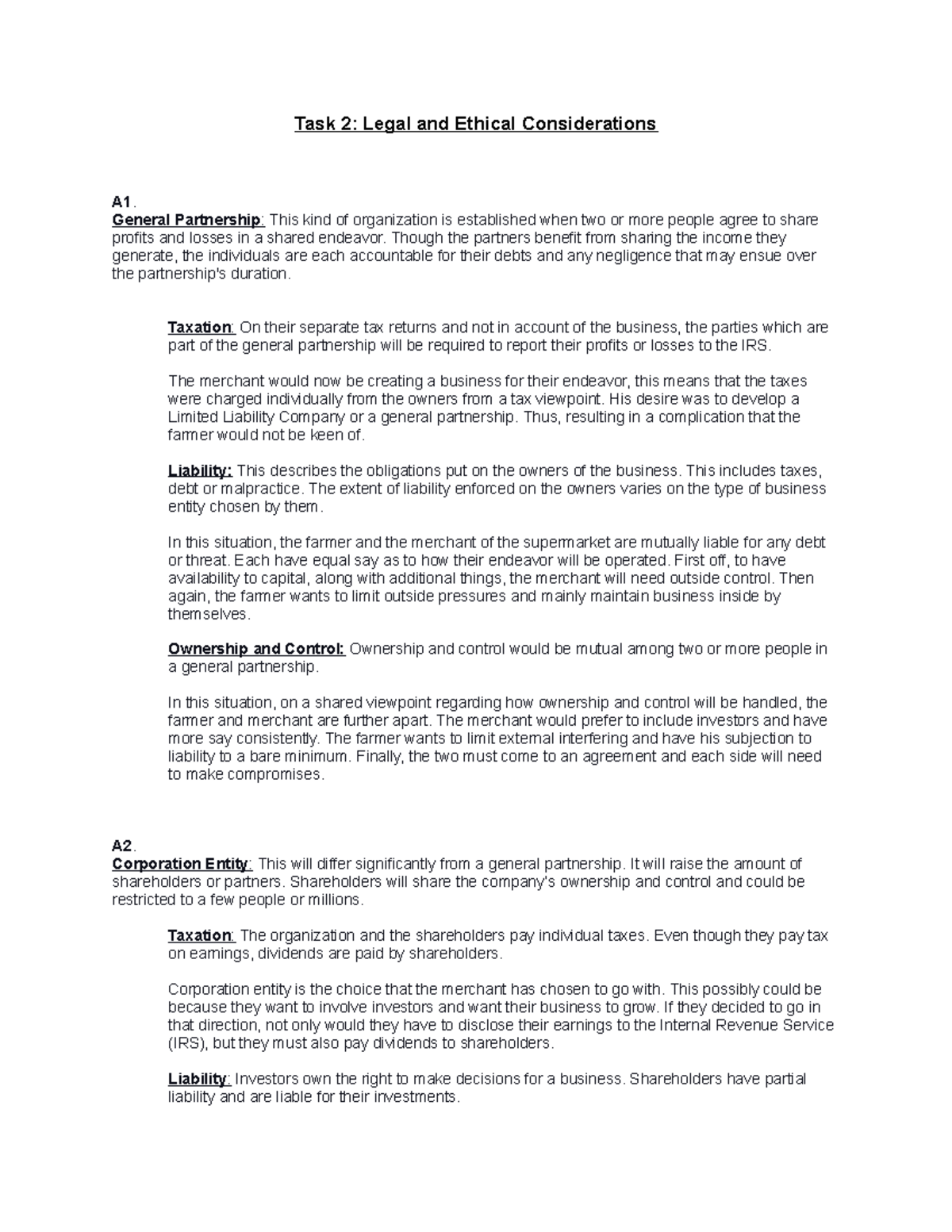 BEA 1 Task 2 078 - D078 Task 2 - Task 2: Legal and Ethical ...