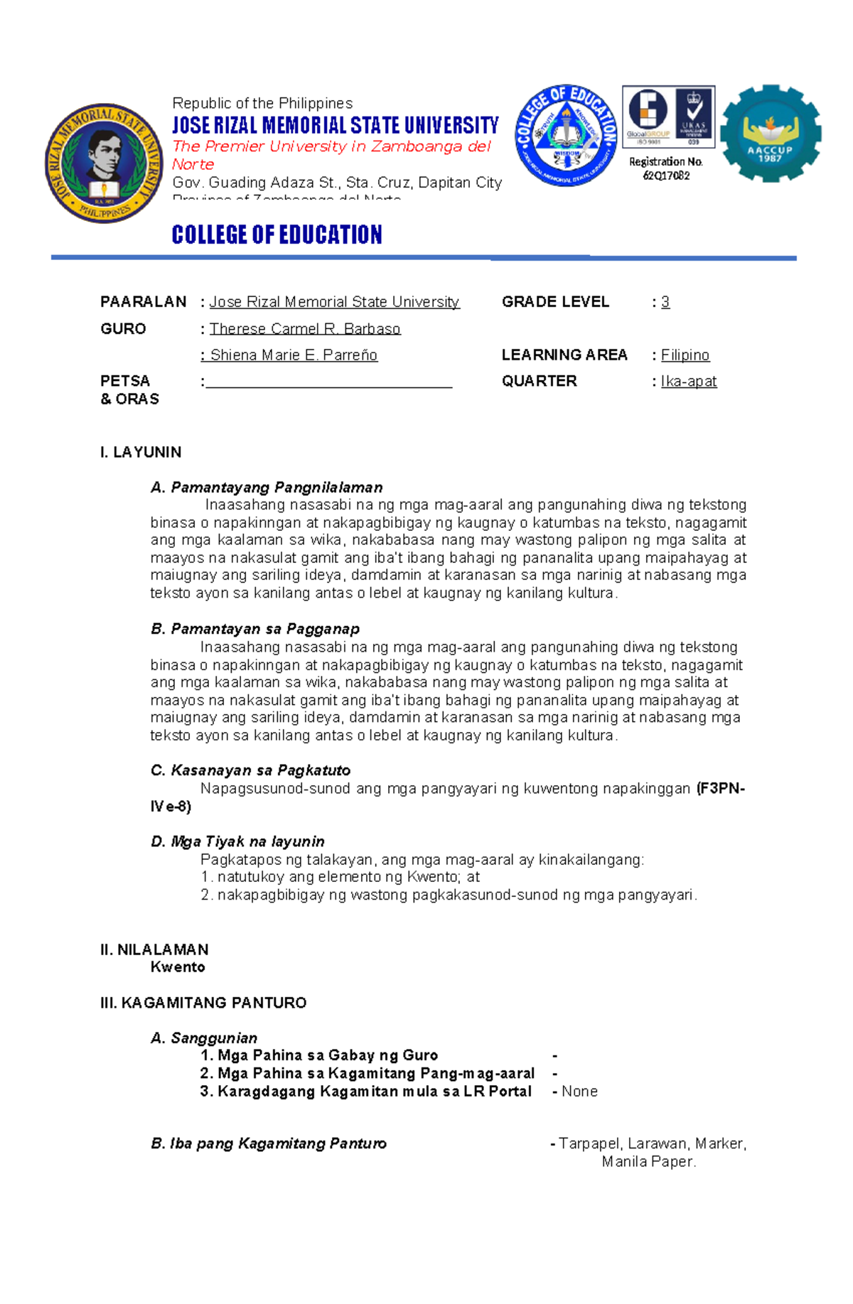 SPEC104 DLP - Pagtuturo ng panitikan sa elementarya - Hi COLLEGE OF ...