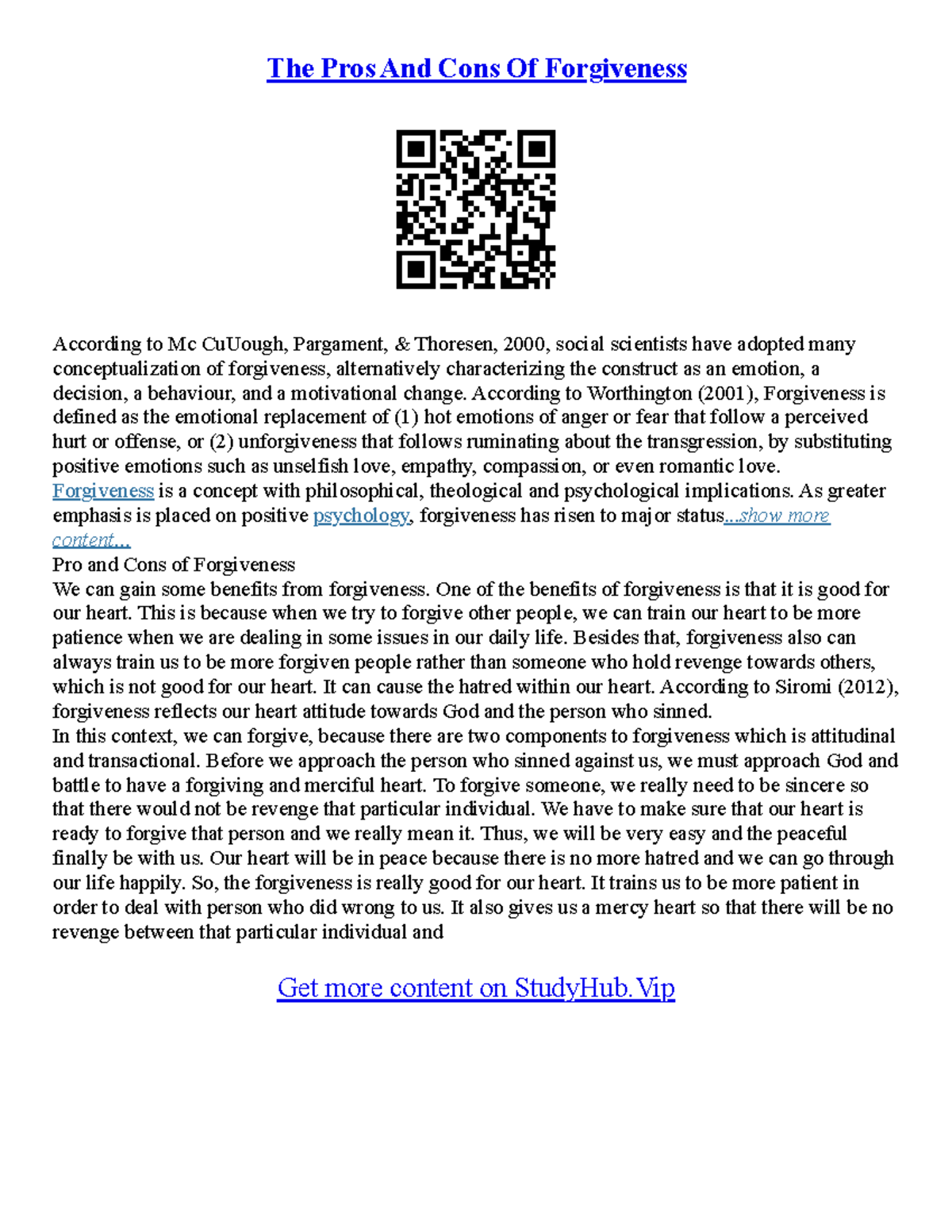 Forgiveness Essays - The Pros And Cons Of Forgiveness According to Mc ...