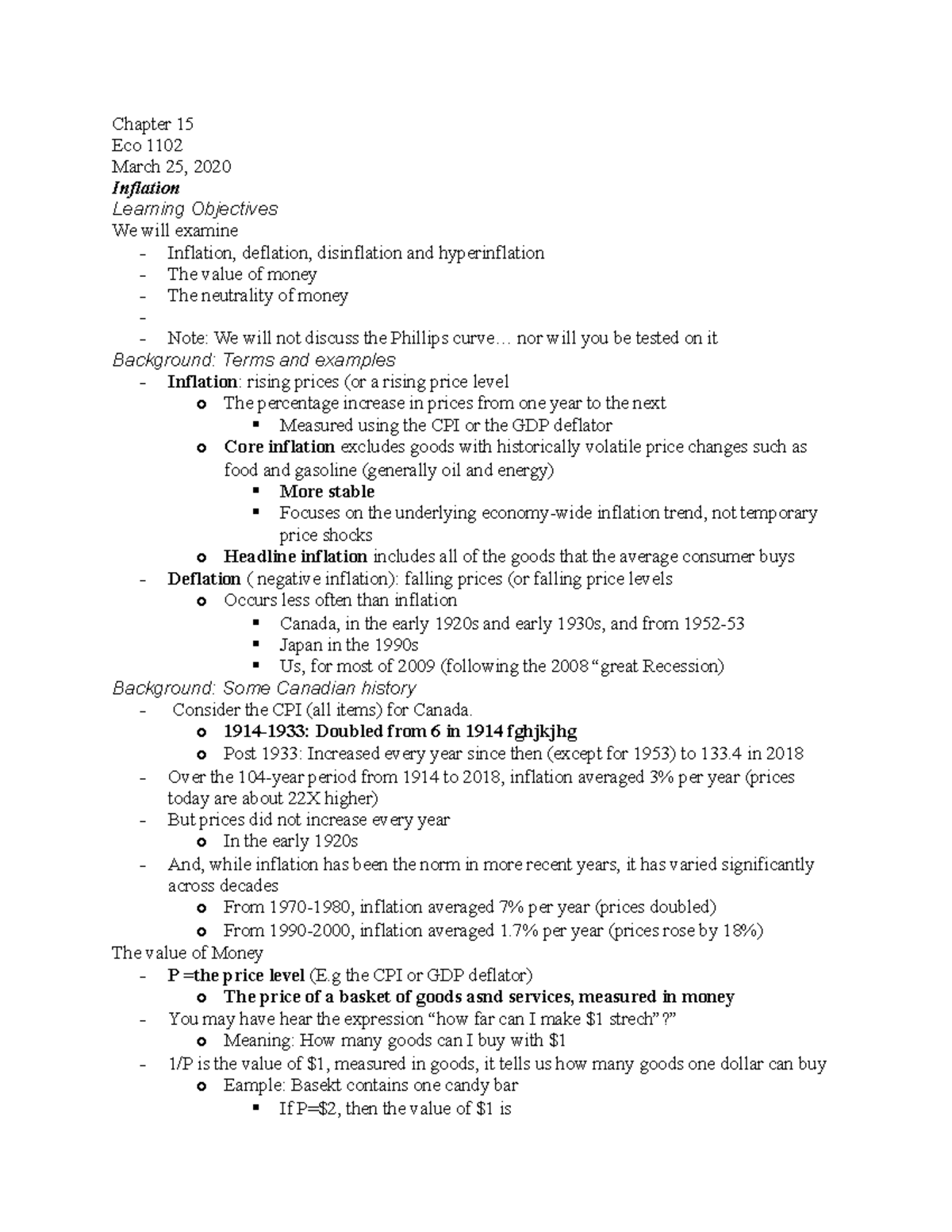 Chapter 15- inflation - Chapter 15 Eco 1102 March 25, 2020 Inflation ...
