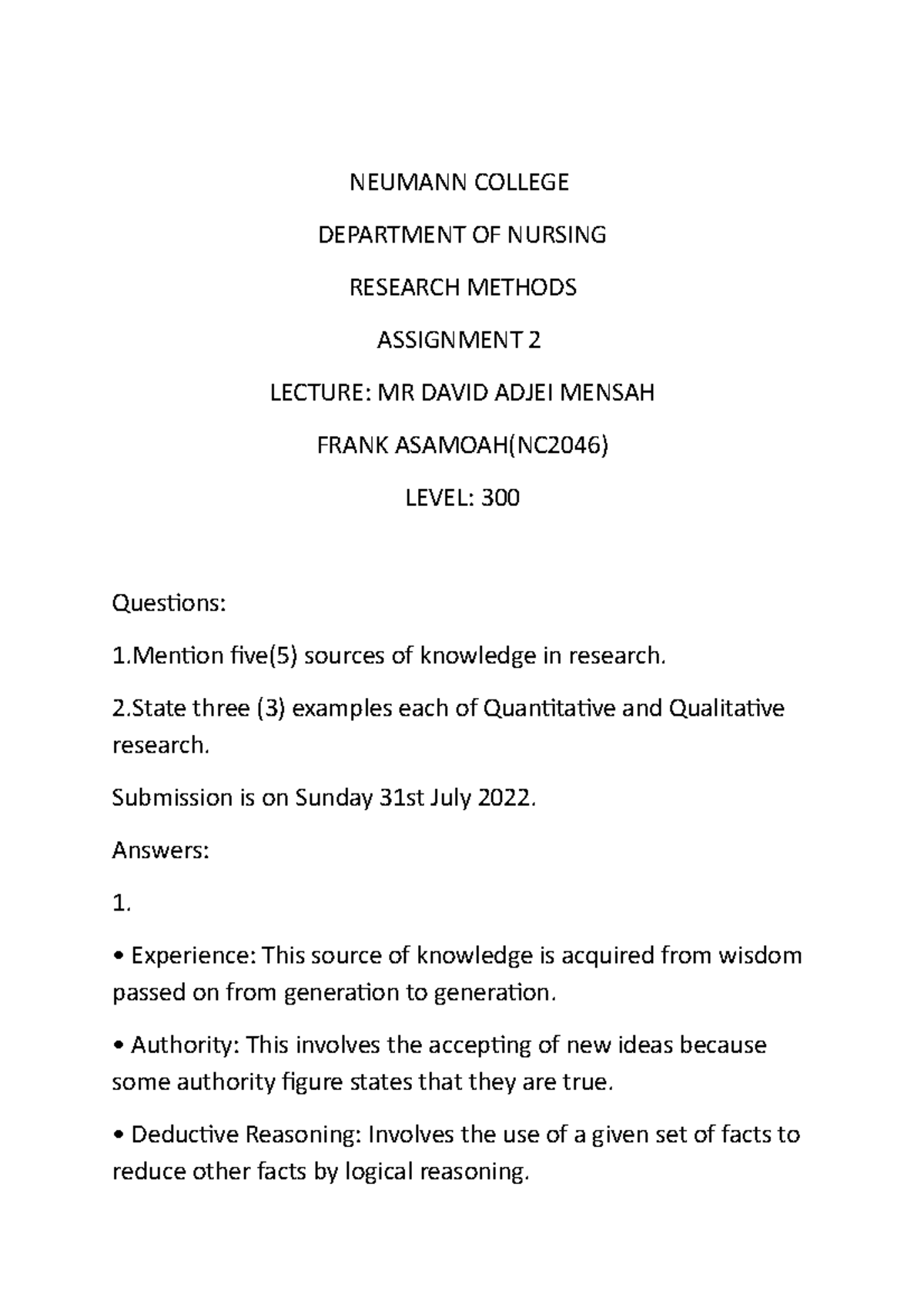 Assignment 2, Frank Asamoah - NEUMANN COLLEGE DEPARTMENT OF NURSING ...