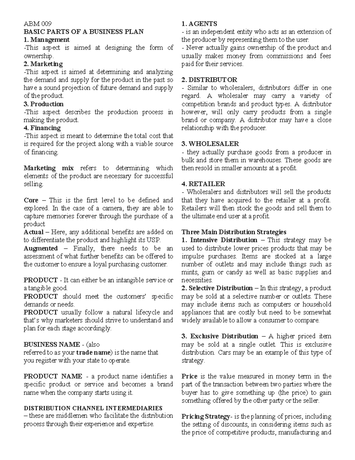 Basic Parts Of Business Plan ABM 009 BASIC PARTS OF A BUSINESS PLAN 1