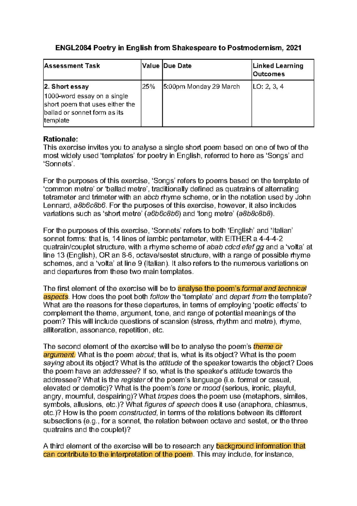 Updated Draft Guidelines - ENGL2084 Poetry in English from Shakespeare ...