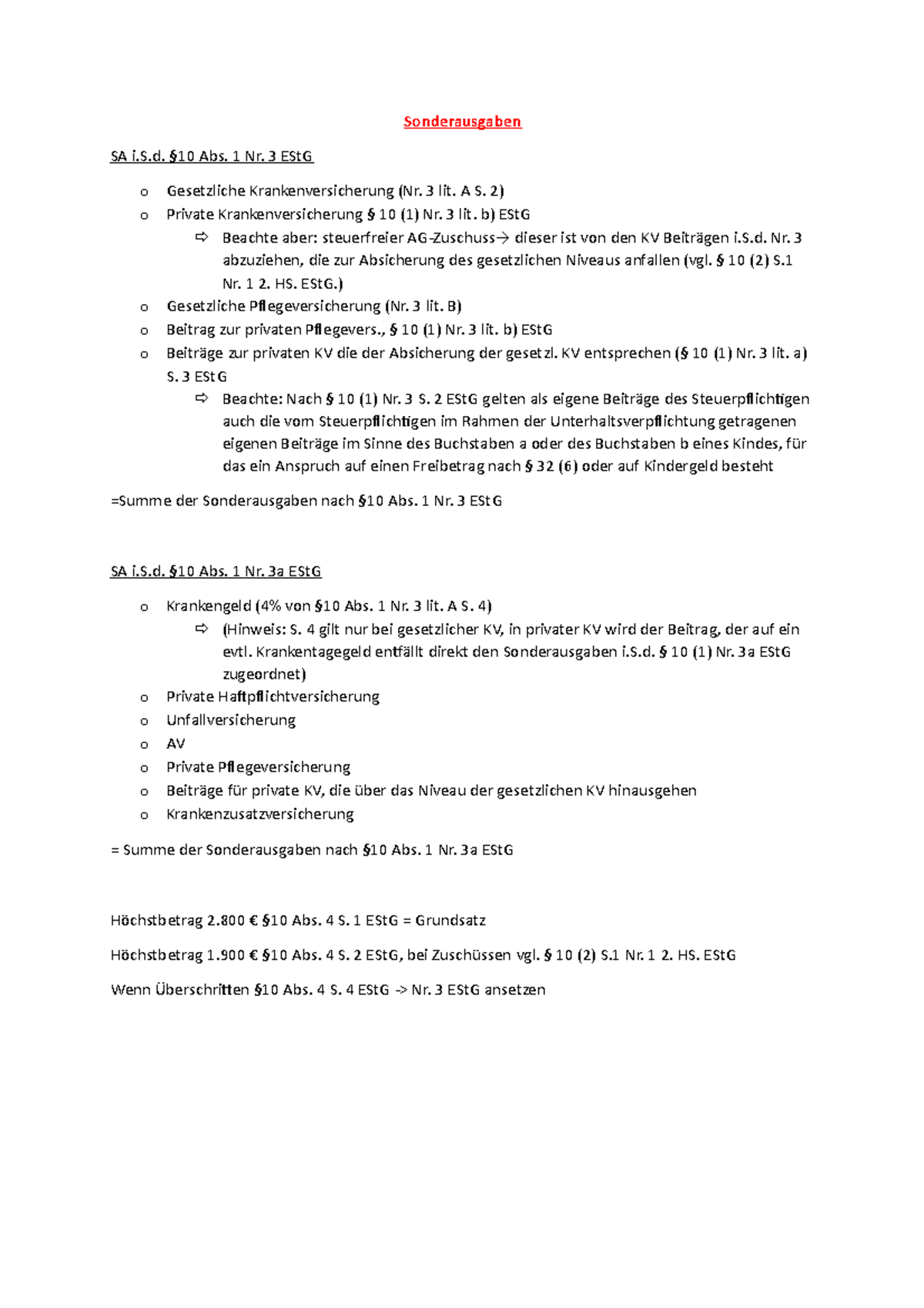 Sonderausgaben - S. §10 Abs. 1 Nr. 3 EStG o Gesetzliche ...