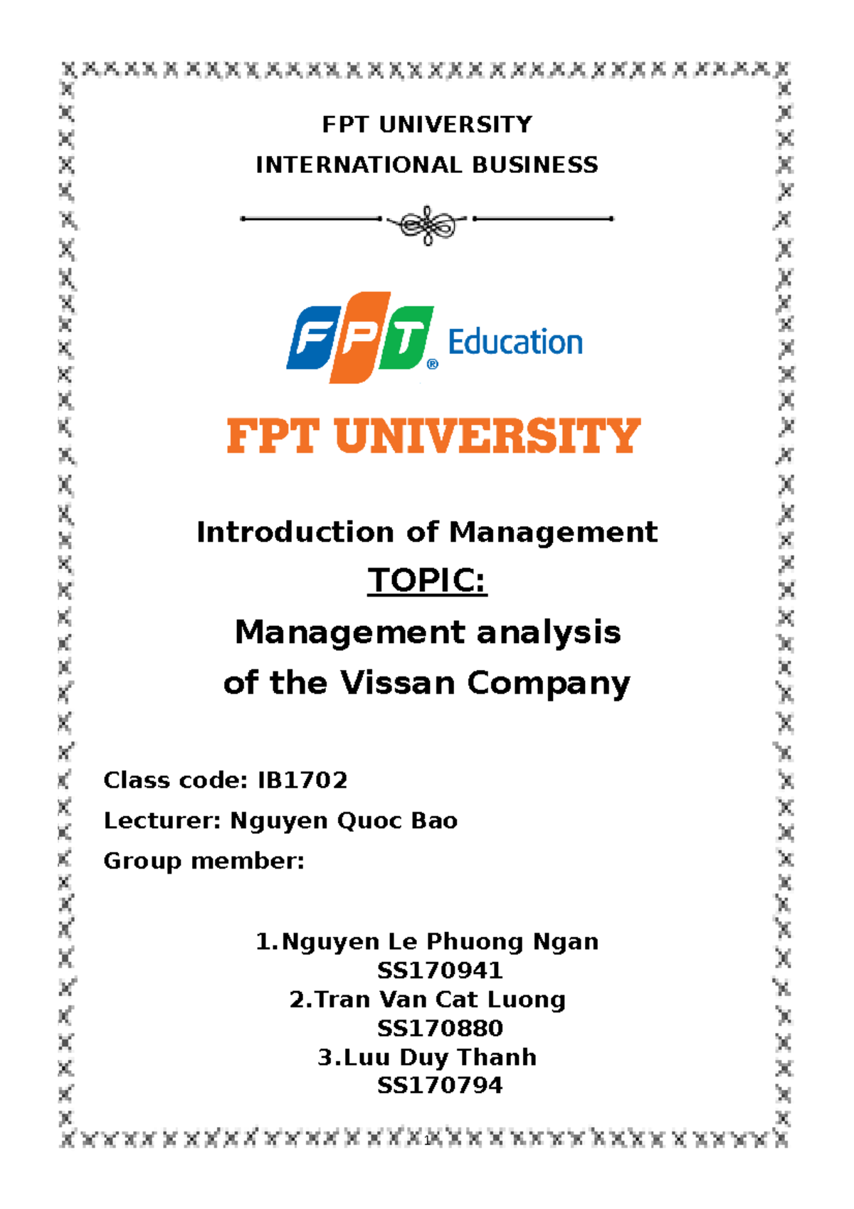 MGT - Group work - FPT UNIVERSITY INTERNATIONAL BUSINESS Introduction ...