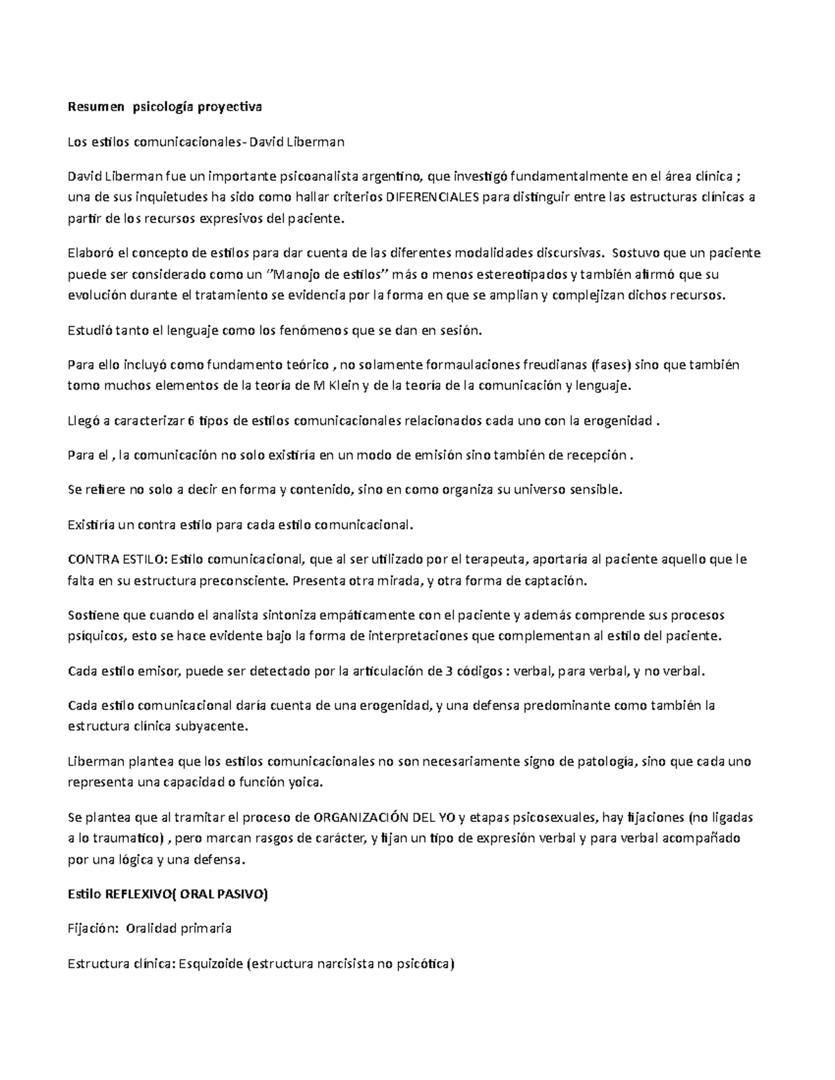 Resumen toda la materia - Resumen psicología proyectiva Los estilos ...