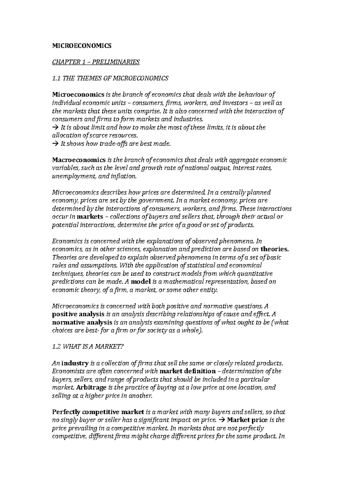 Microeconomics summary - MICROECONOMICS CHAPTER 1 – PRELIMINARIES 1 THE ...