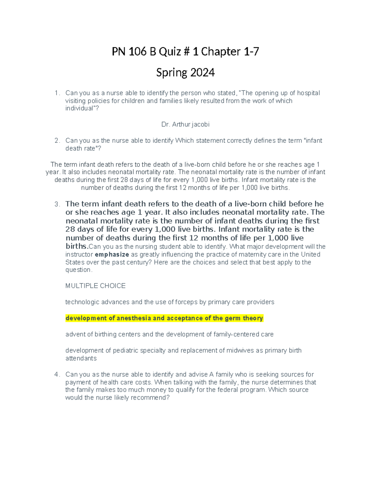 PN 106 B Quiz#1 - PN 106 B Quiz#1 - PN 106 B Quiz # 1 Chapter 1- Spring 2024 Can you as a nurse ...